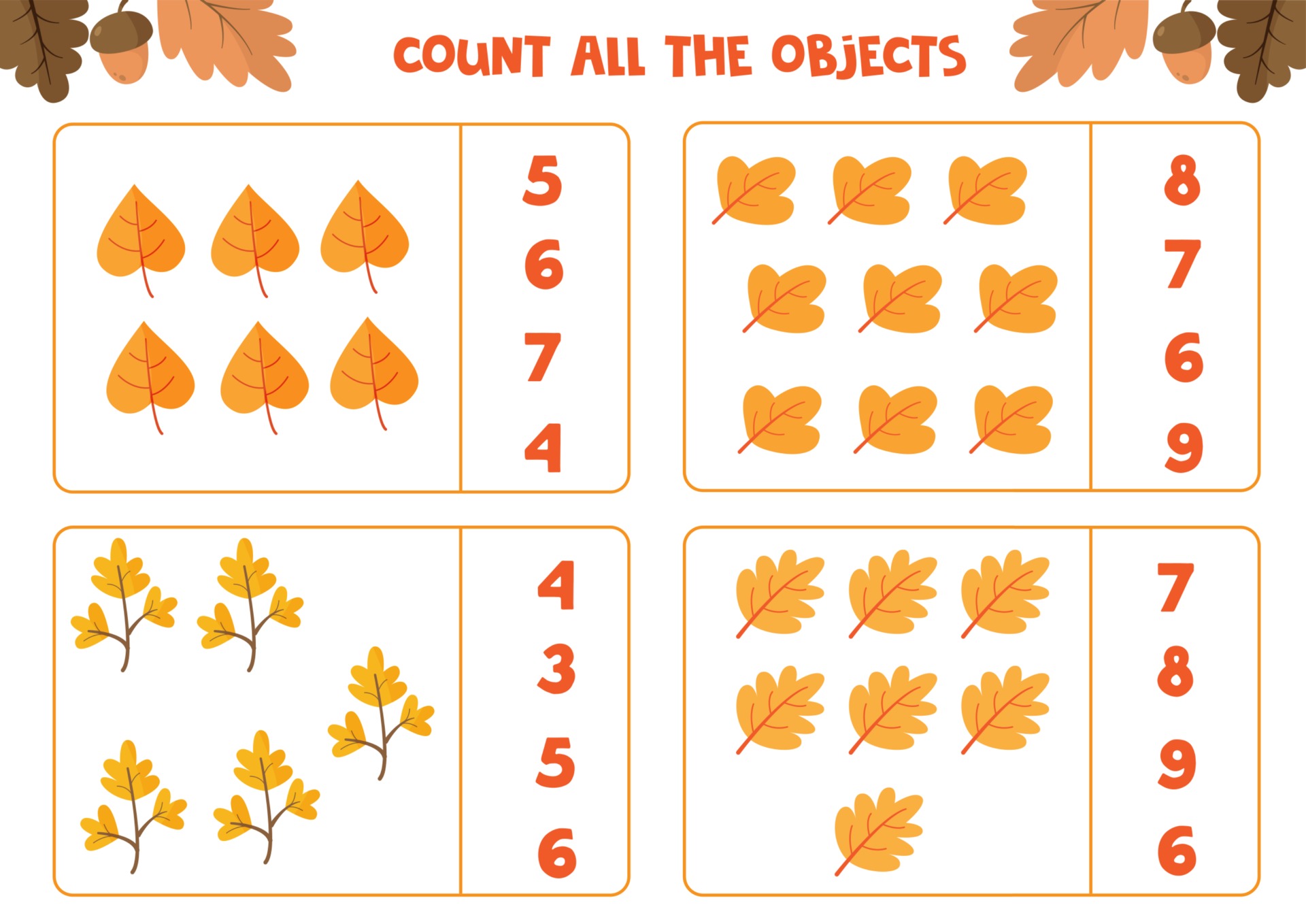 Educational worksheet for preschool kids. Count all the leaves. Math ...