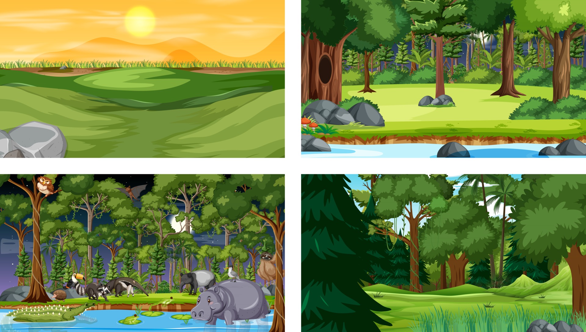 Set of different forest horizontal scene with various wild animals ...