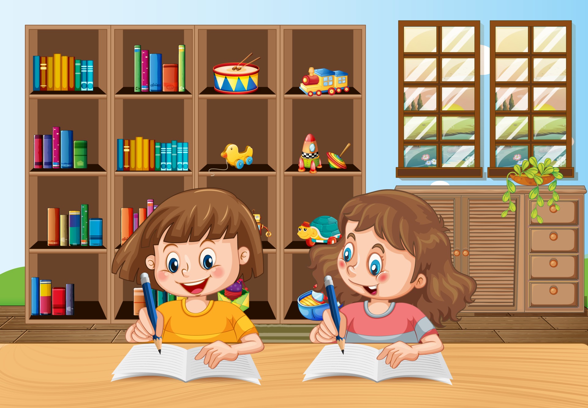 Two kids doing homework in the room scene 2953067 Vector Art at Vecteezy Two kids doing homework in the room scene 2953067 Vector Art at Vecteezy