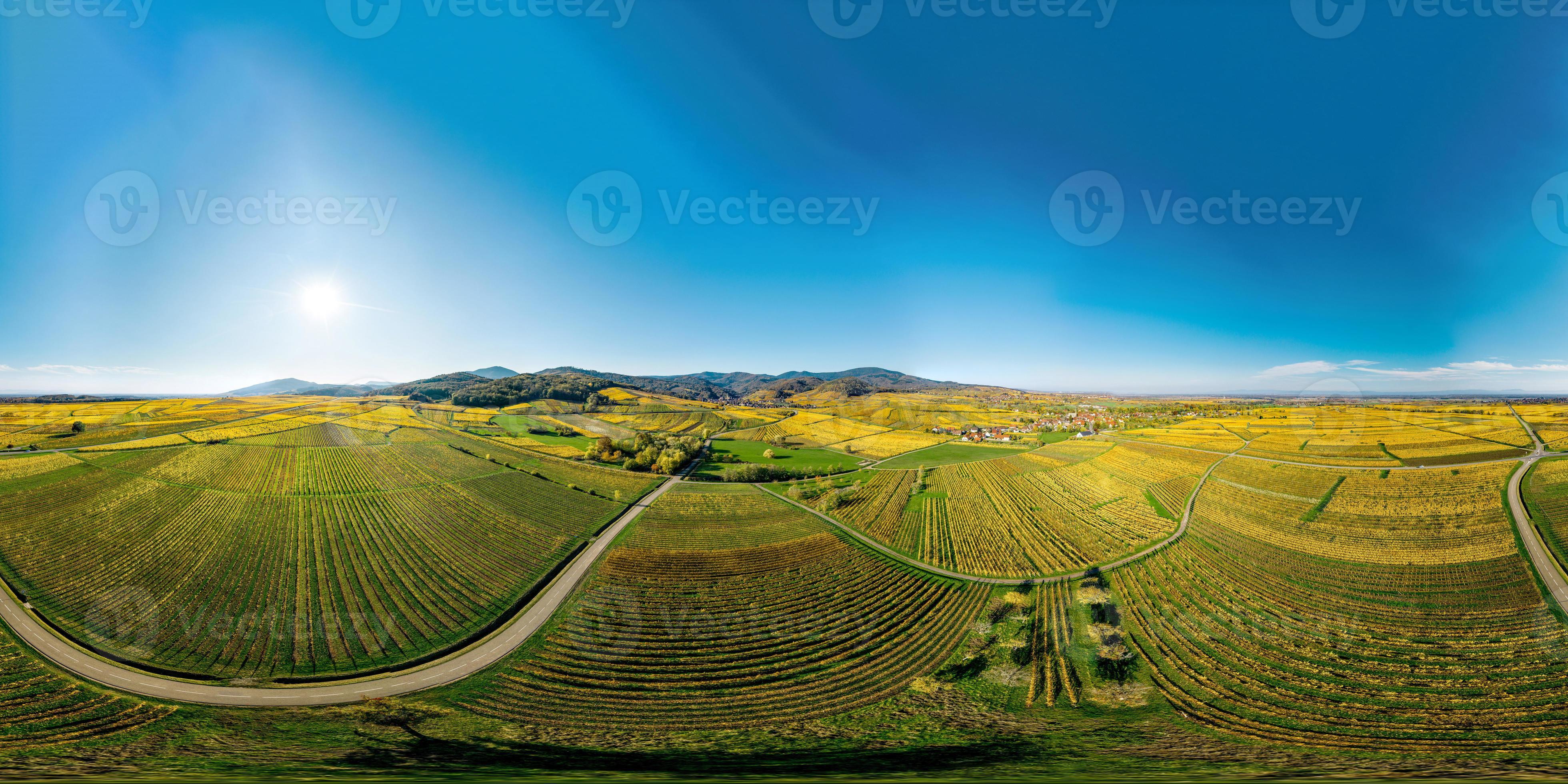 360-degree panoramic view above a multi-colored valley in the Vosges ...
