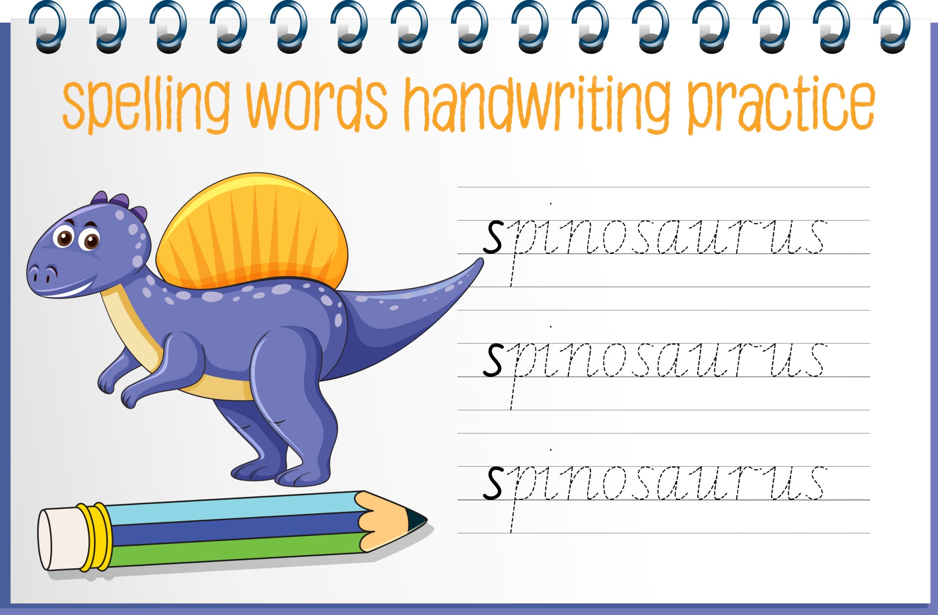 Spelling words dinosaur handwriting practice worksheet 2988403 Vector ...