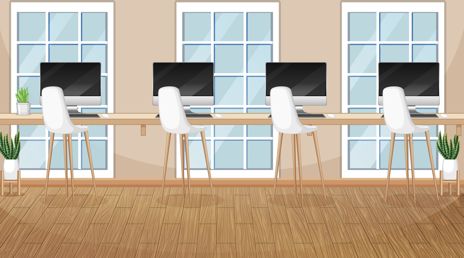 Office scene with many computers on the table 2988624 Vector Art at ...