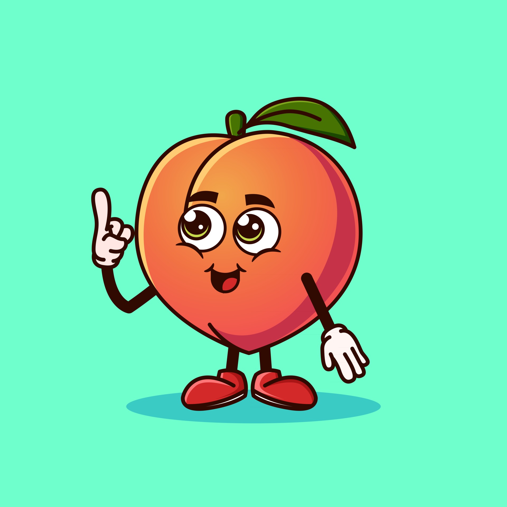 Cute Peach fruit character with happy face and Gesture pointing up ...