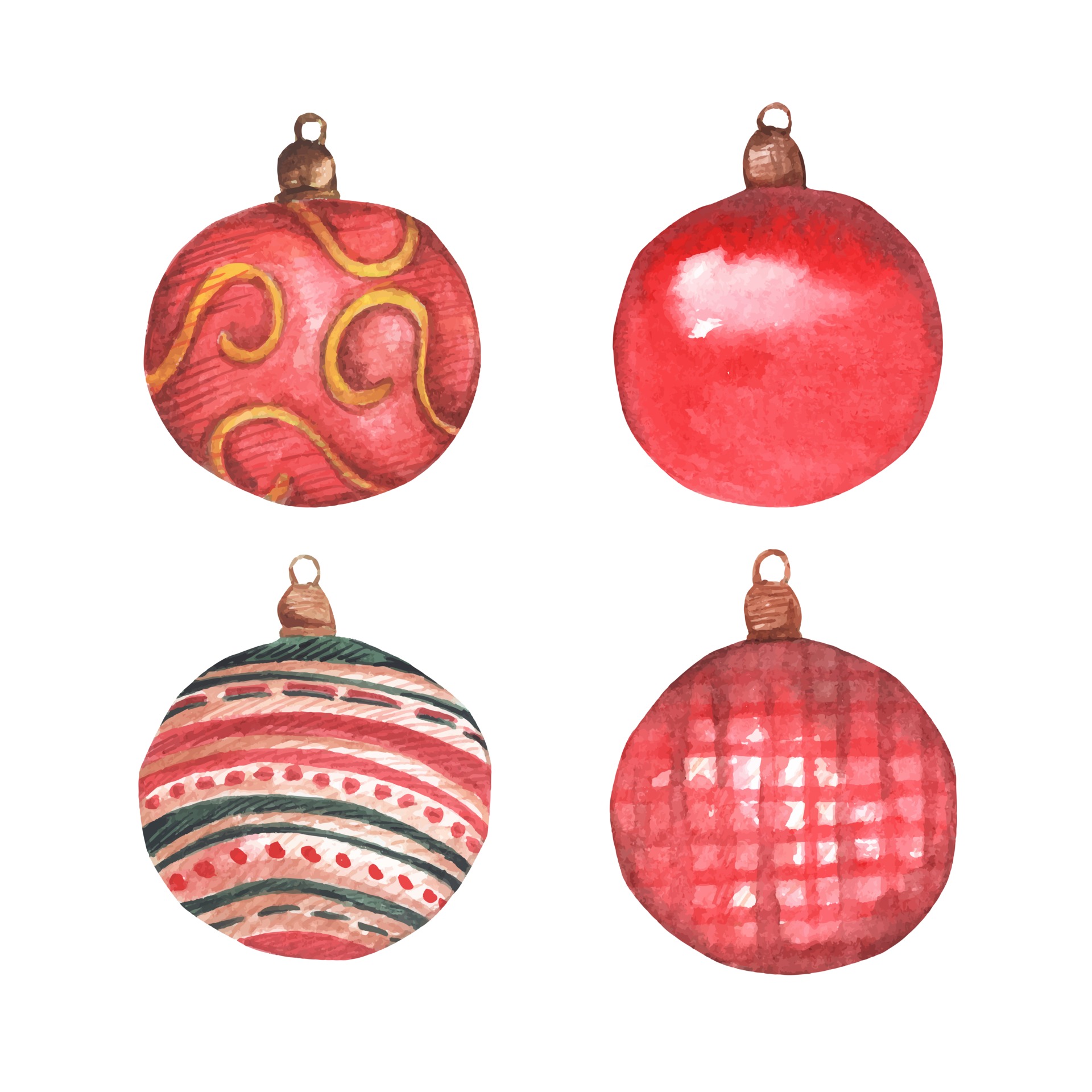 Set of Christmas toys in red with patterns. Watercolor Christmas card ...