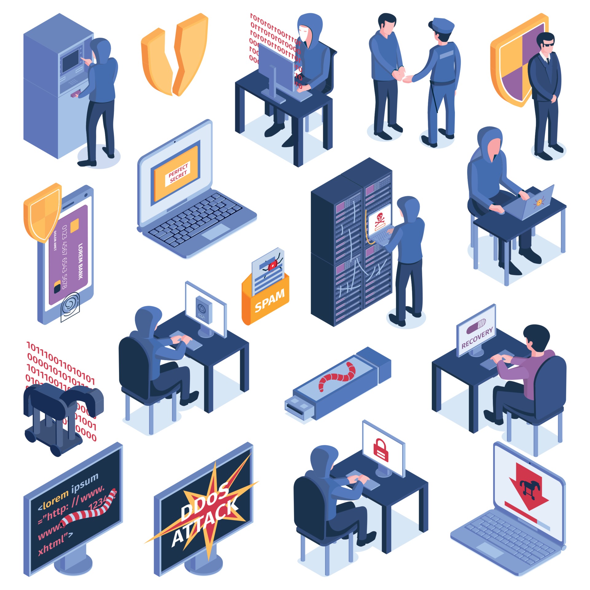 Isometric Hacking Icons Collection Vector Illustration 3020322 Vector