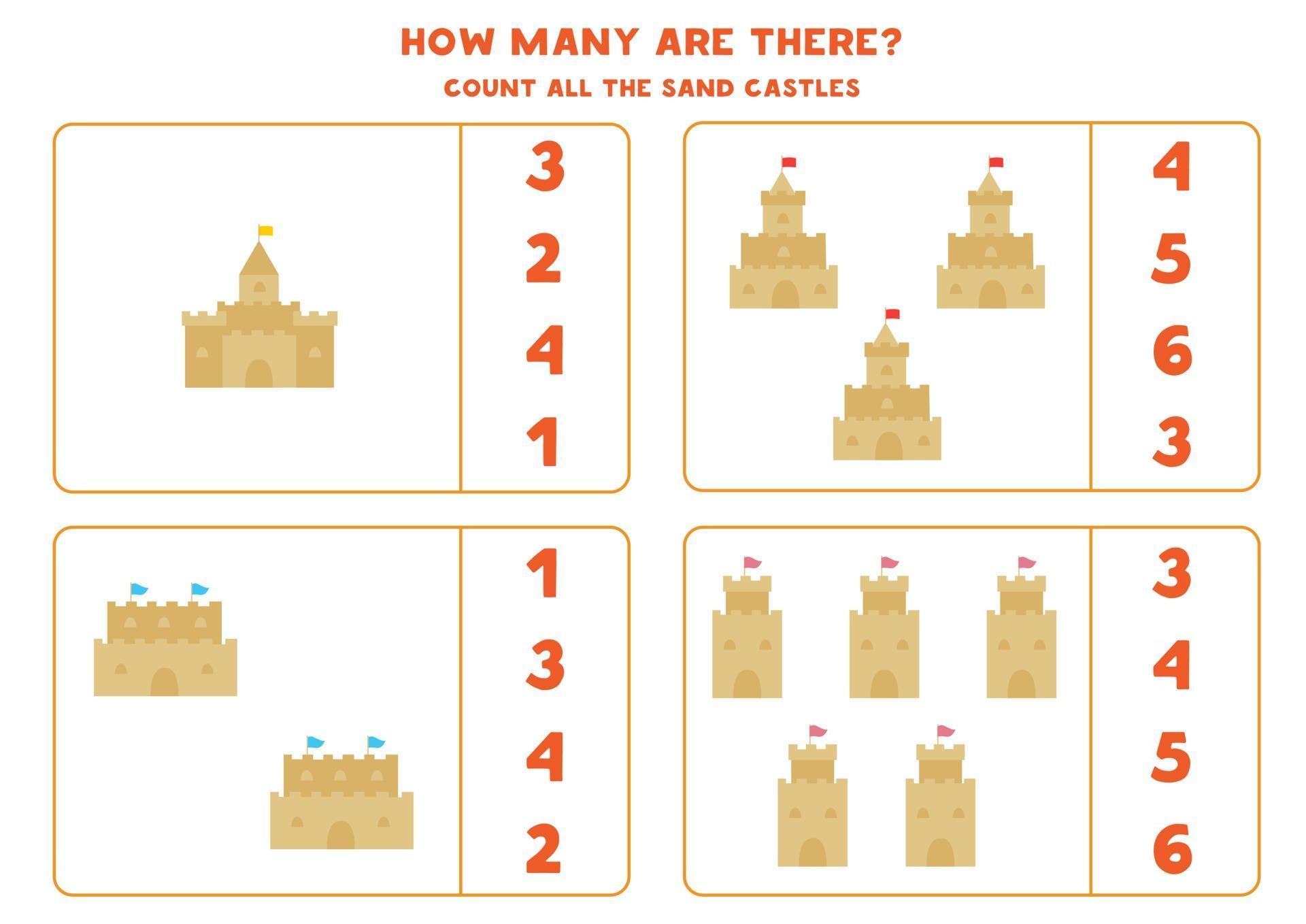 Counting game with cartoon sand castles. Math worksheet. 3030985 Vector ...