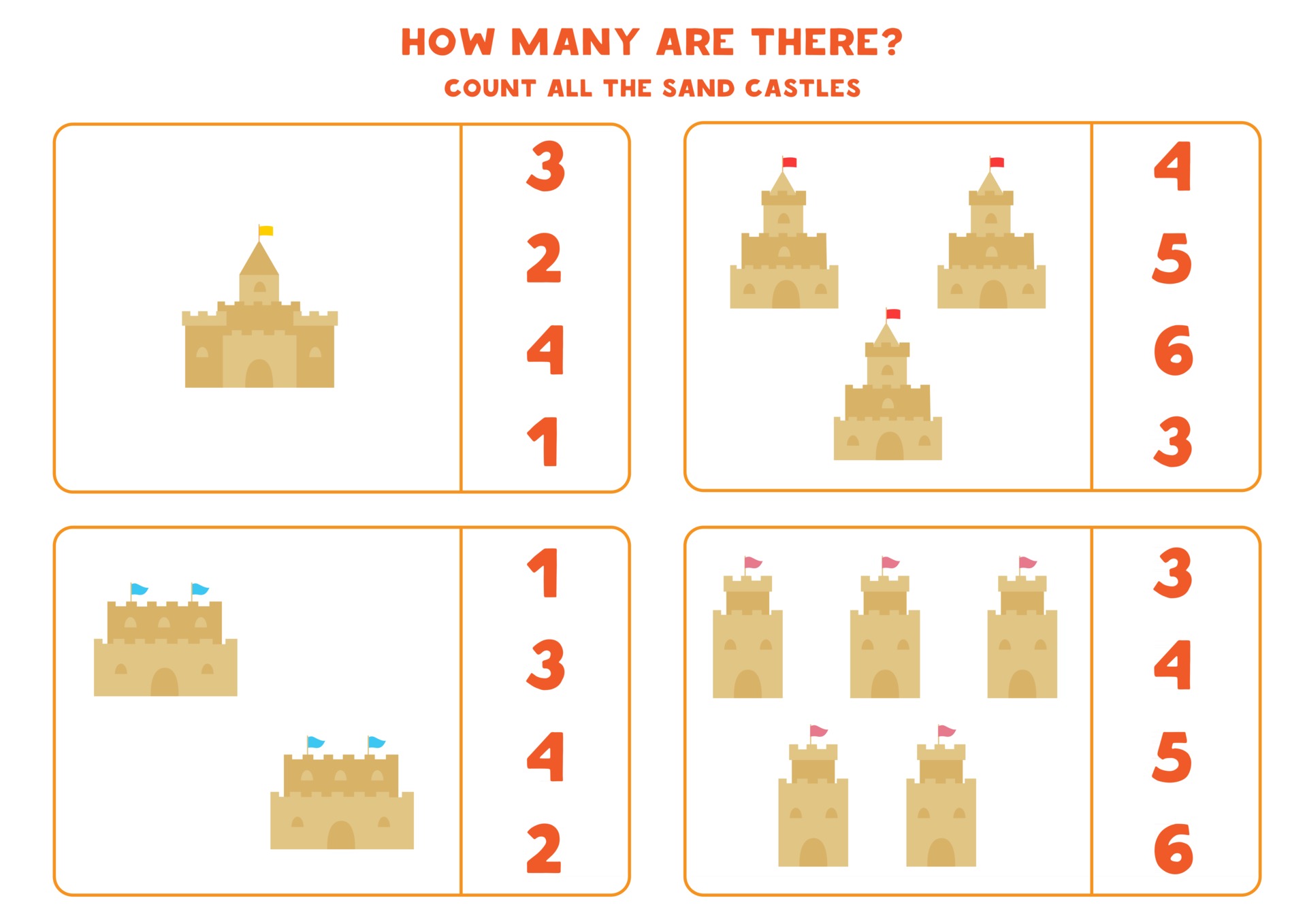 Counting game with cartoon sand castles. Math worksheet. 3030985 Vector ...