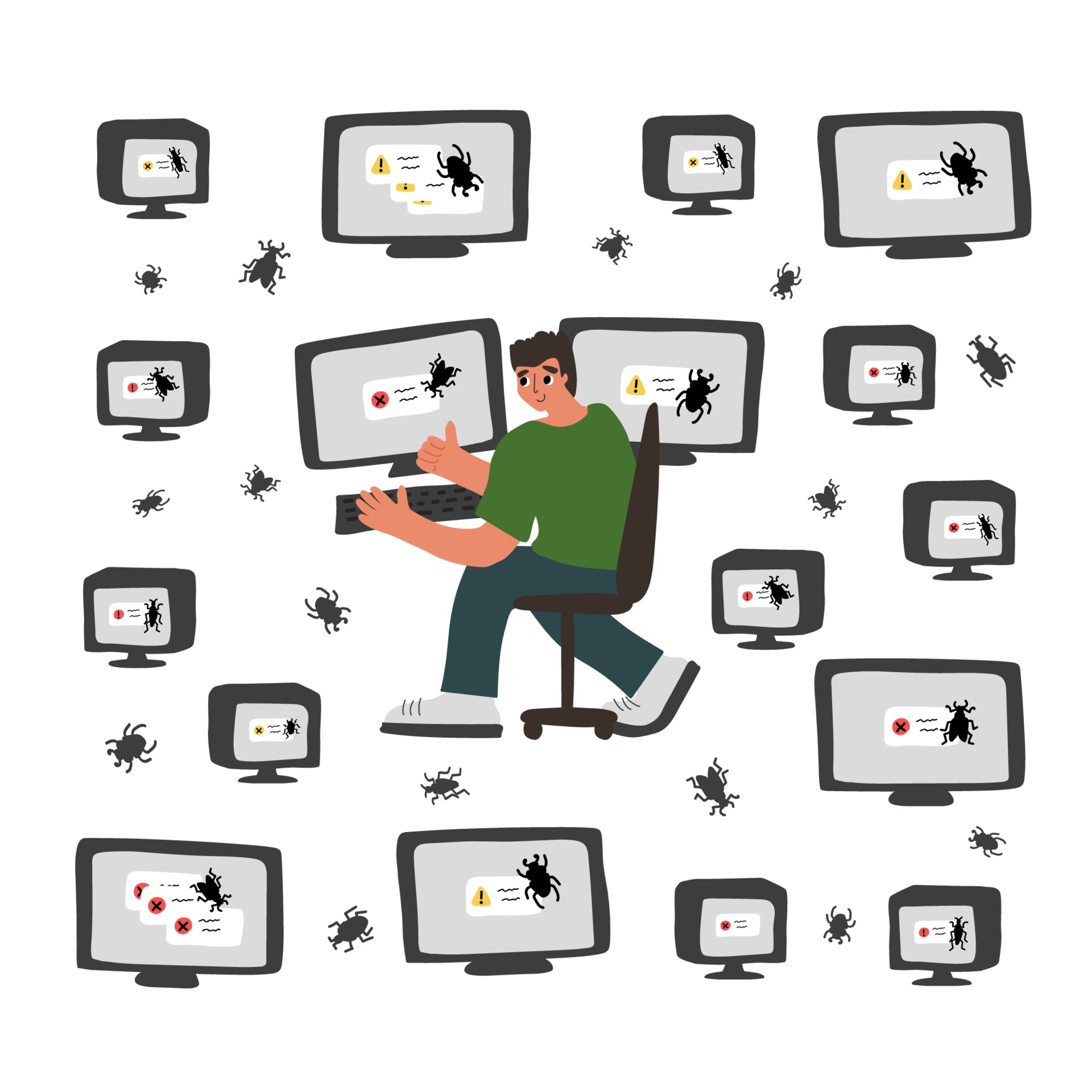 Bug on the monitor screen and man near computer is happy 3040755 Vector ...