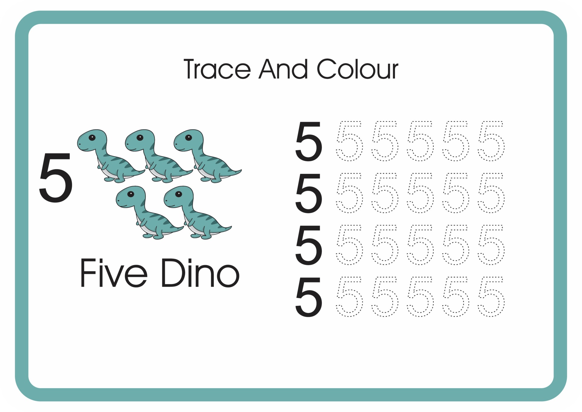 count trace and colour dino number 5 3052828 Vector Art at Vecteezy