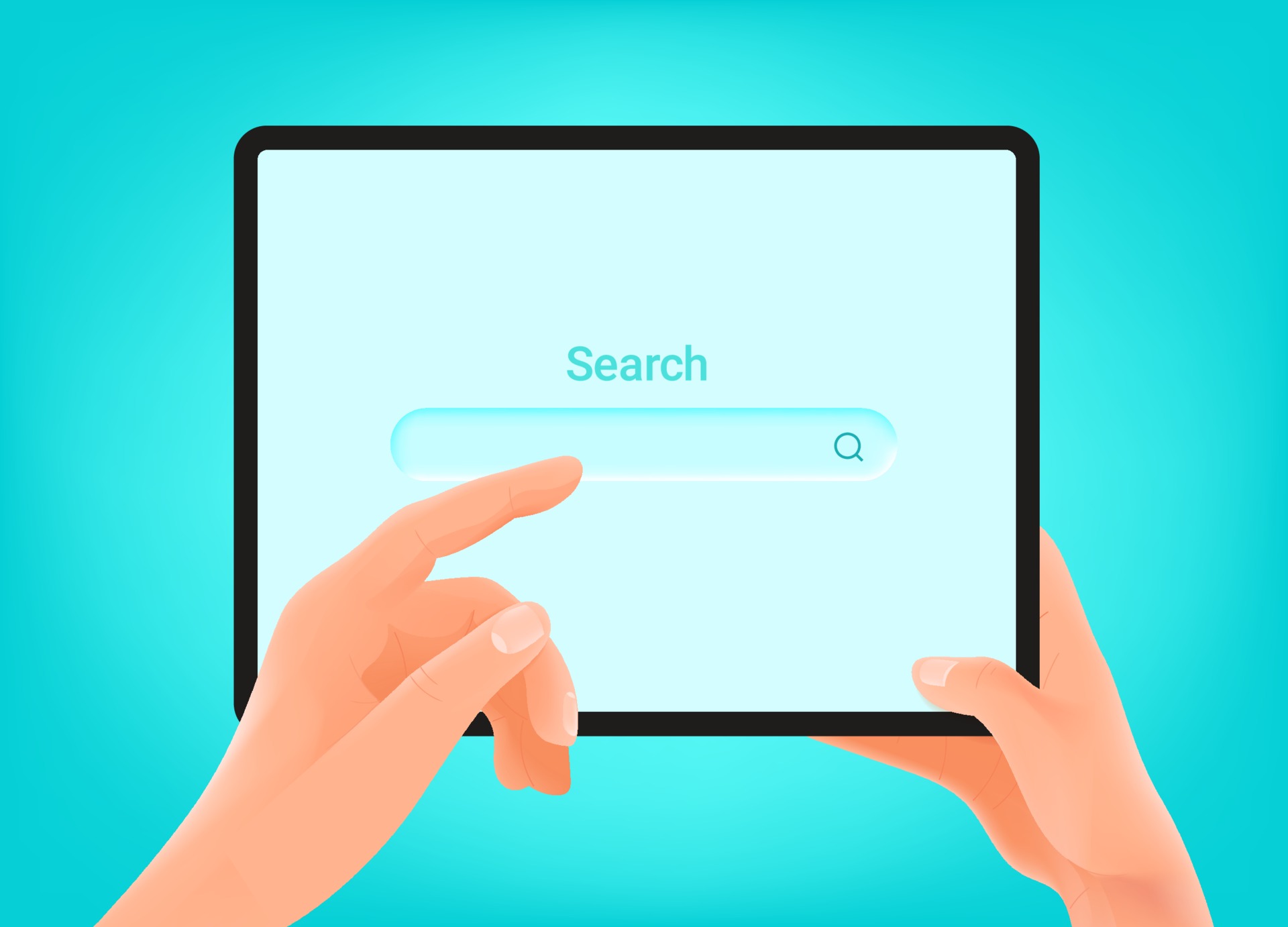 Man holding tablet computer and using searching in browser window ...