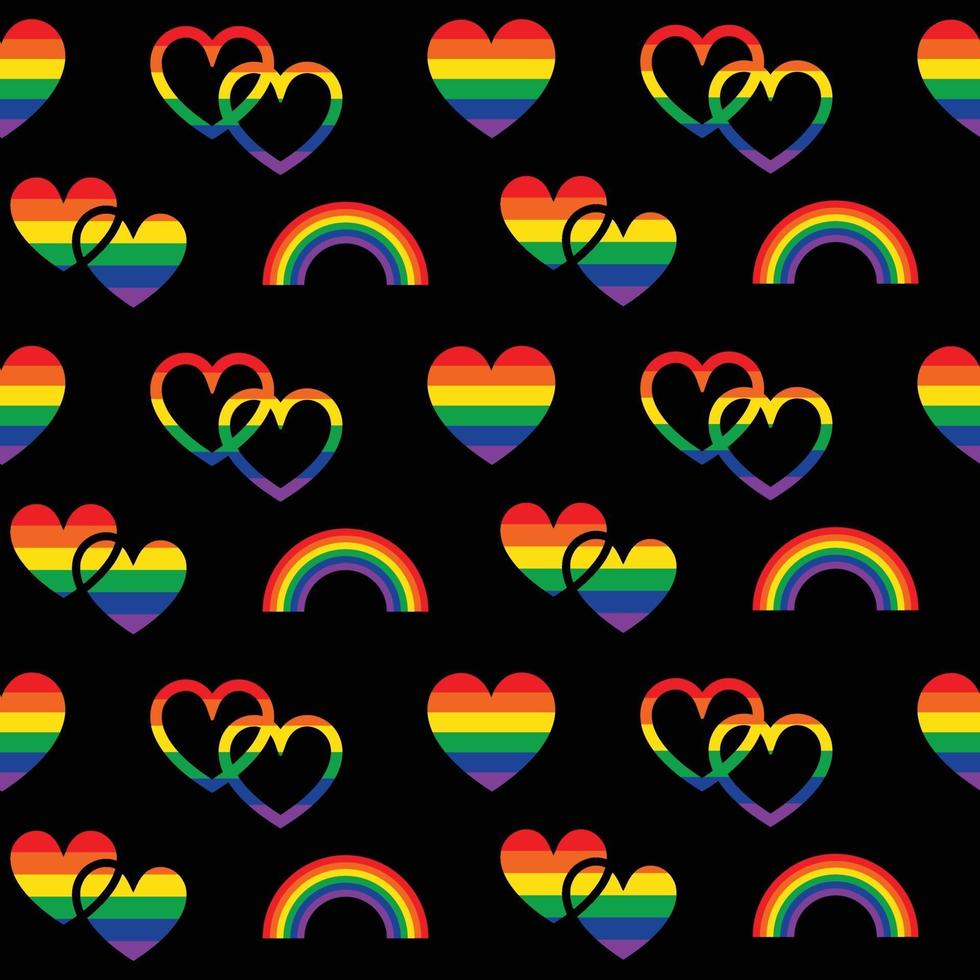 Rainbow Pride Seamless Pattern With Hearts And Rainbows On Black