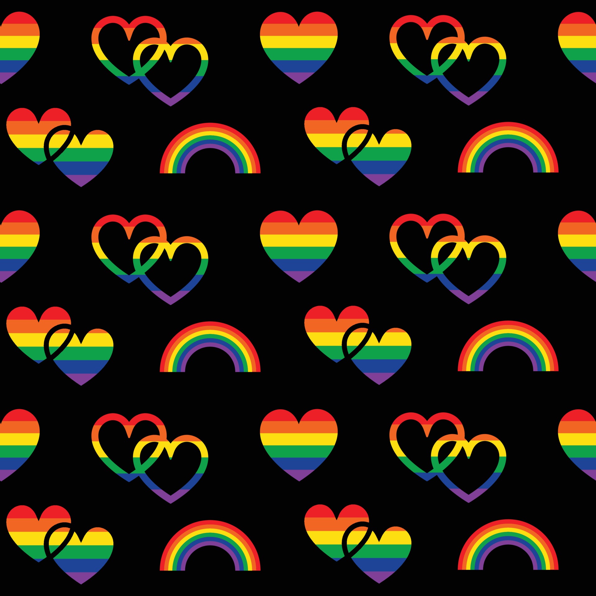 Rainbow Pride Seamless Pattern With Hearts And Rainbows On Black