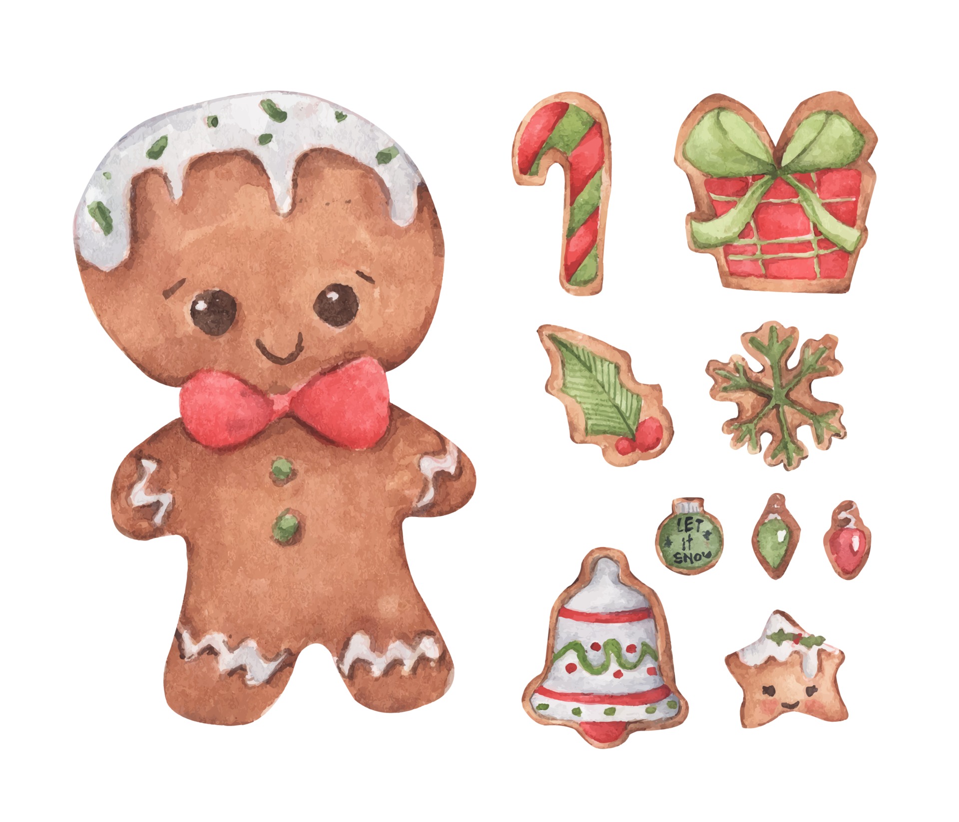 Set of gingerbread cute cookies. Watercolor Christmas card. 3084390 ...