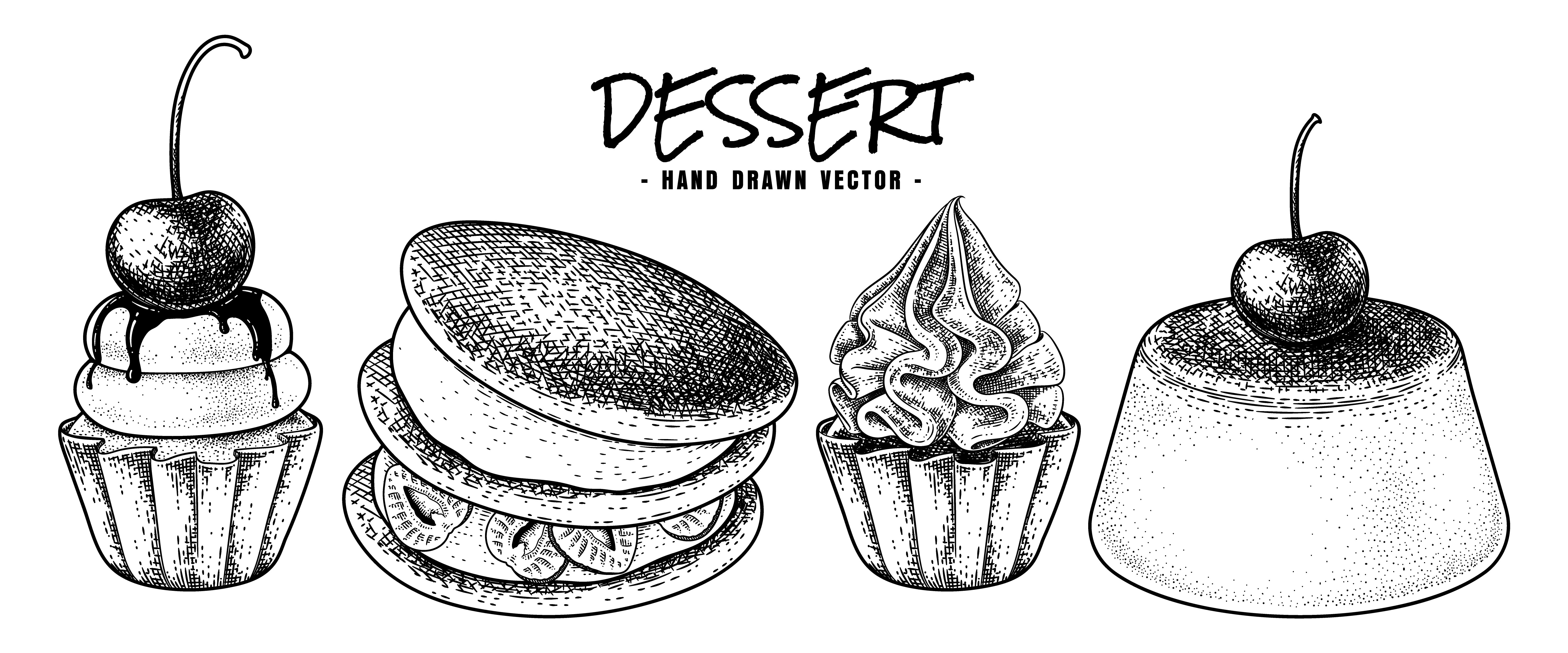 Dessert hand drawn sketch vector. Cupcakes, dorayaki, and pudding ... Dessert hand drawn sketch vector. Cupcakes, dorayaki, and pudding ...