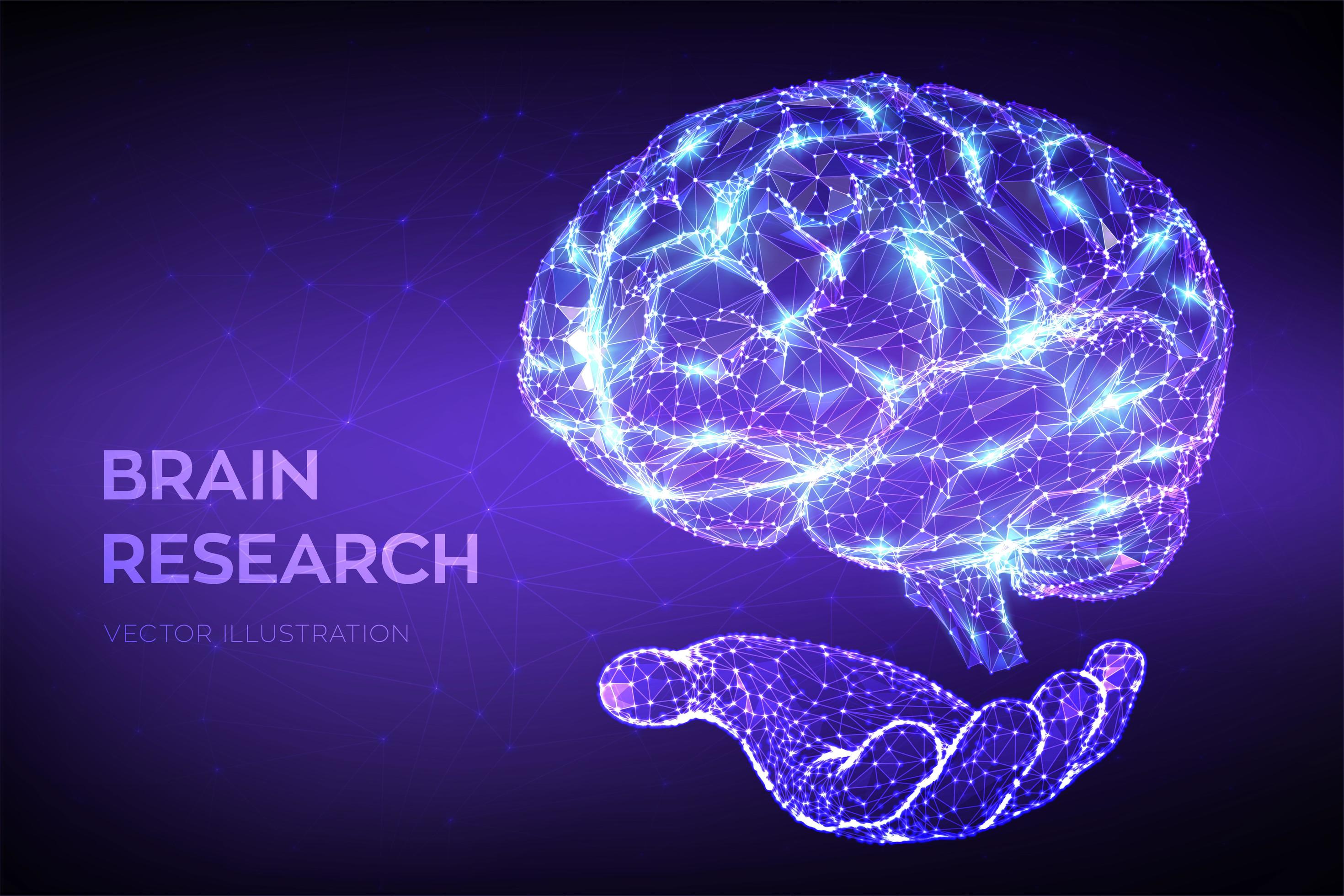 Brain. Low poly abstract digital human brain in hand. Neural network ...