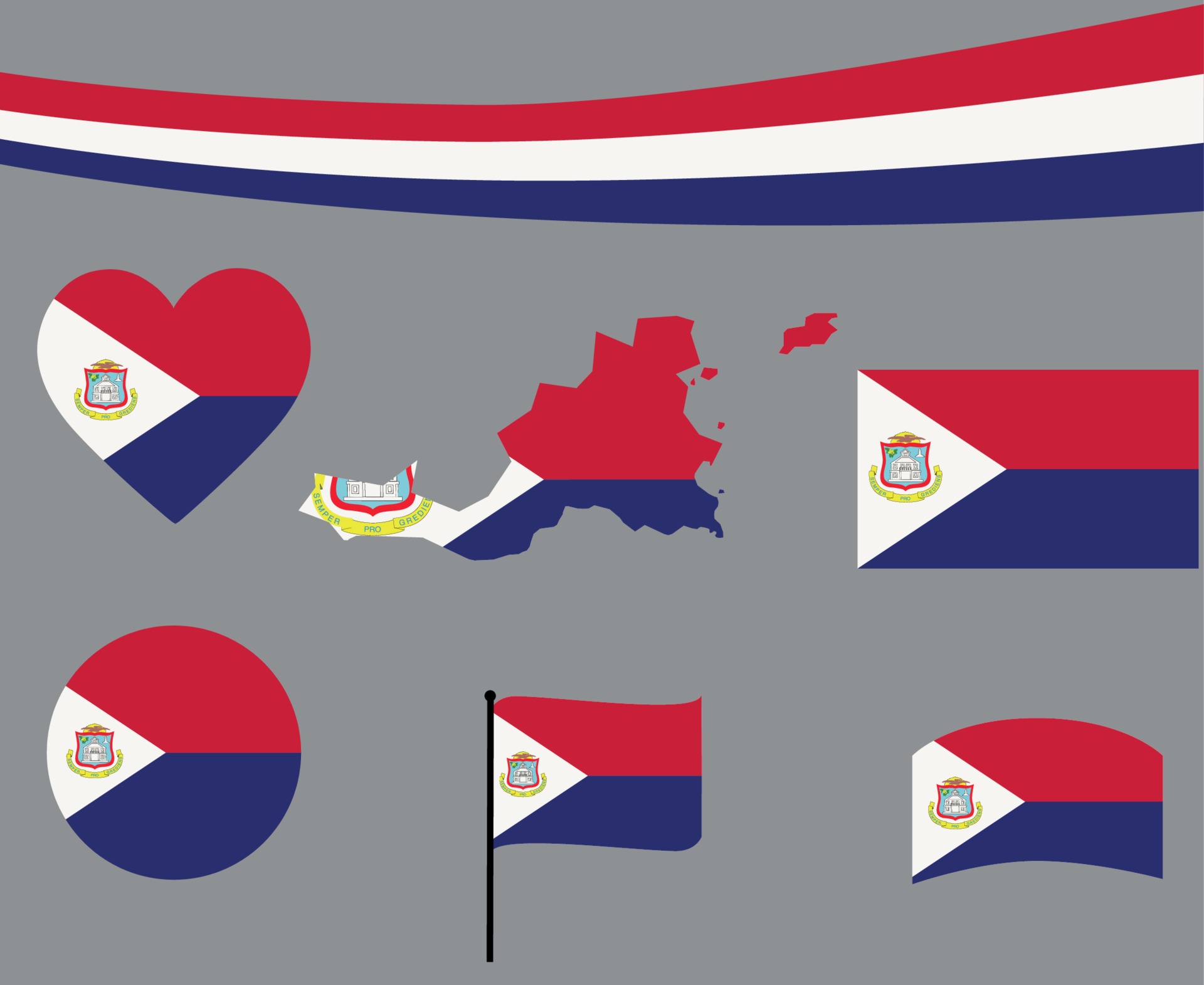 Saint Martin Flag Map Ribbon Heart Icons Vector Illustration Abstract