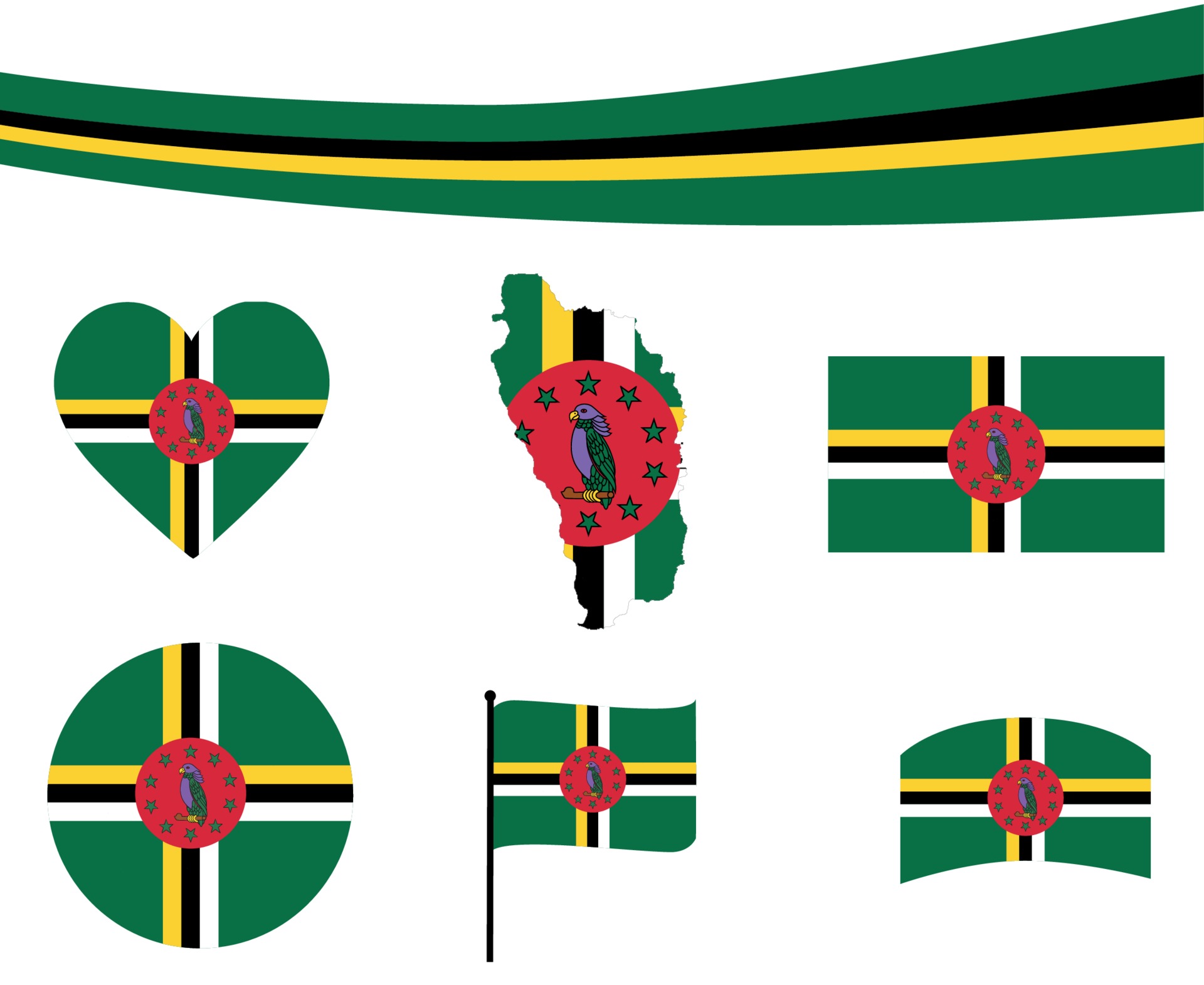 Dominica Flag Map Ribbon And Heart Icons Vector Illustration Abstract