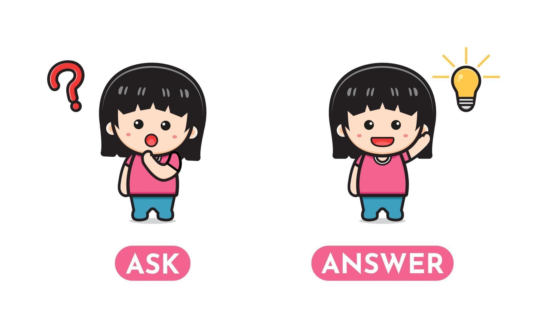 Cute opposite ask and answer, words antonym for children illustration ...