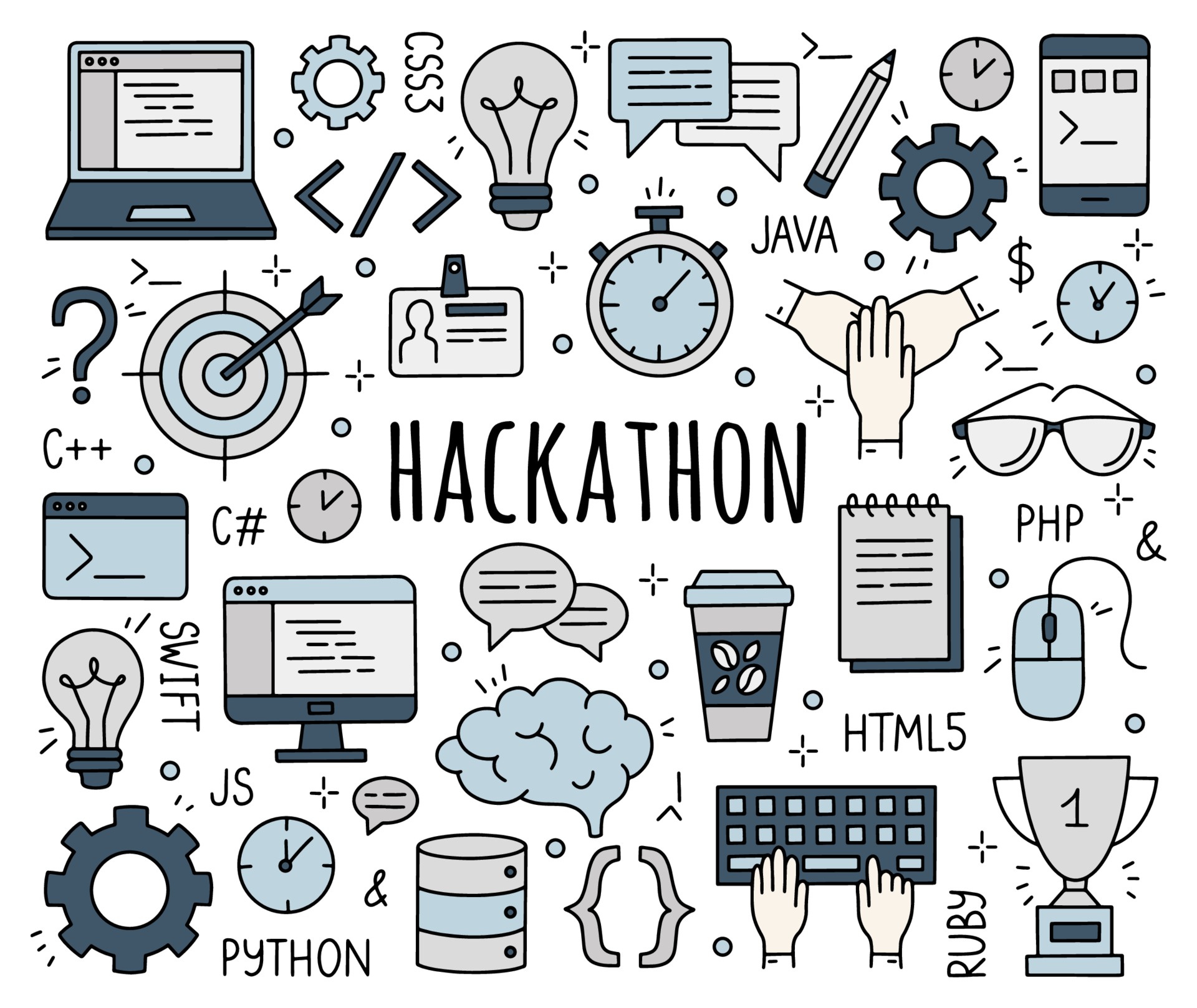 Hackathon And Codefest Set Of Doodle Style Icons 3145585 Vector Art At
