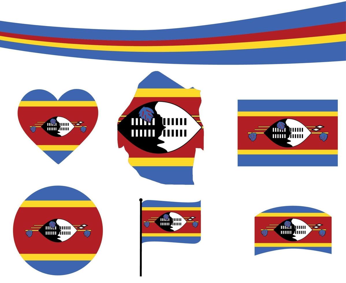 Eswatini Swaziland Flag Map Ribbon And Heart Icons Vector Abstract