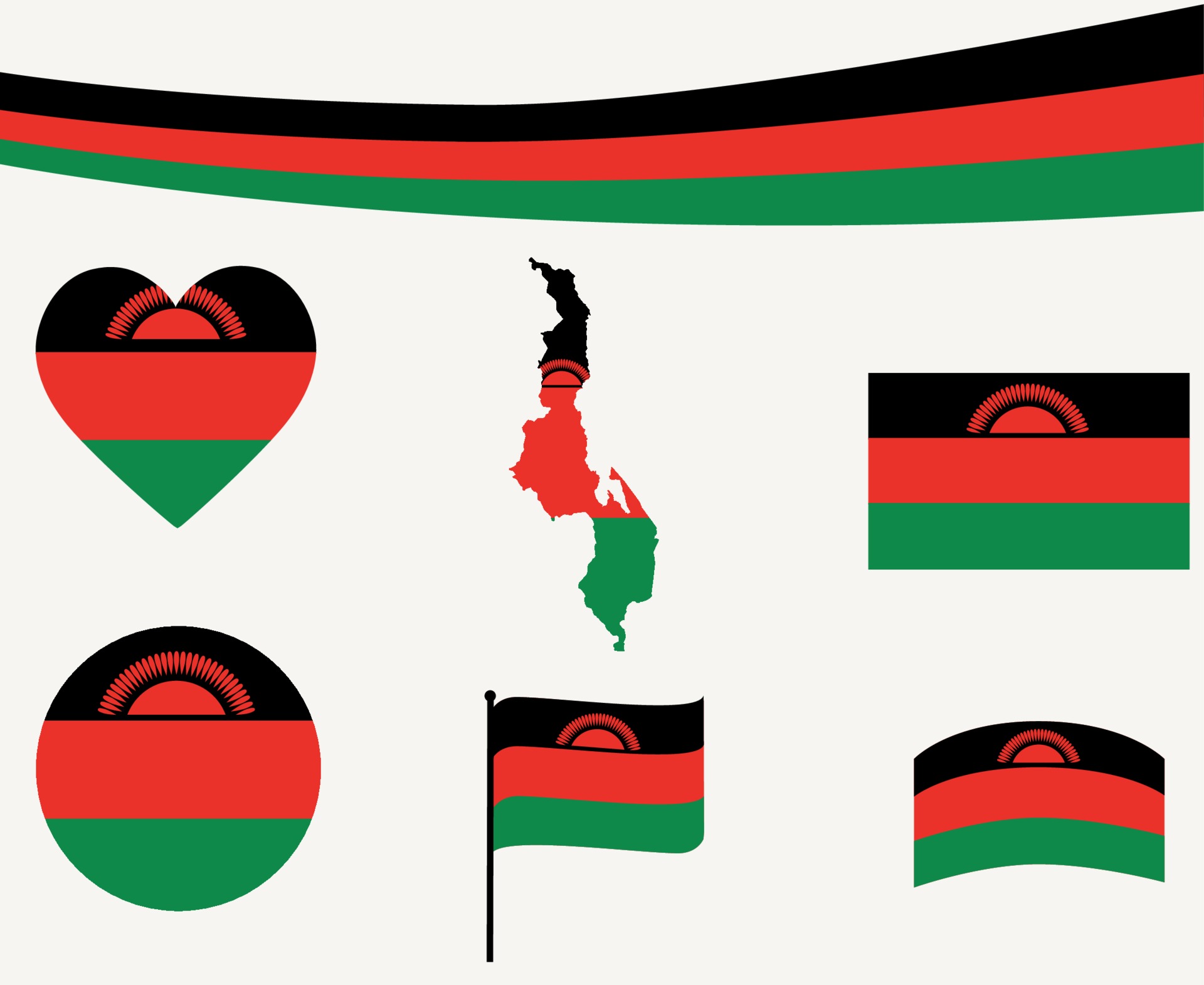 Malawi Flag Map Ribbon And Heart Icons Vector Illustration Abstract