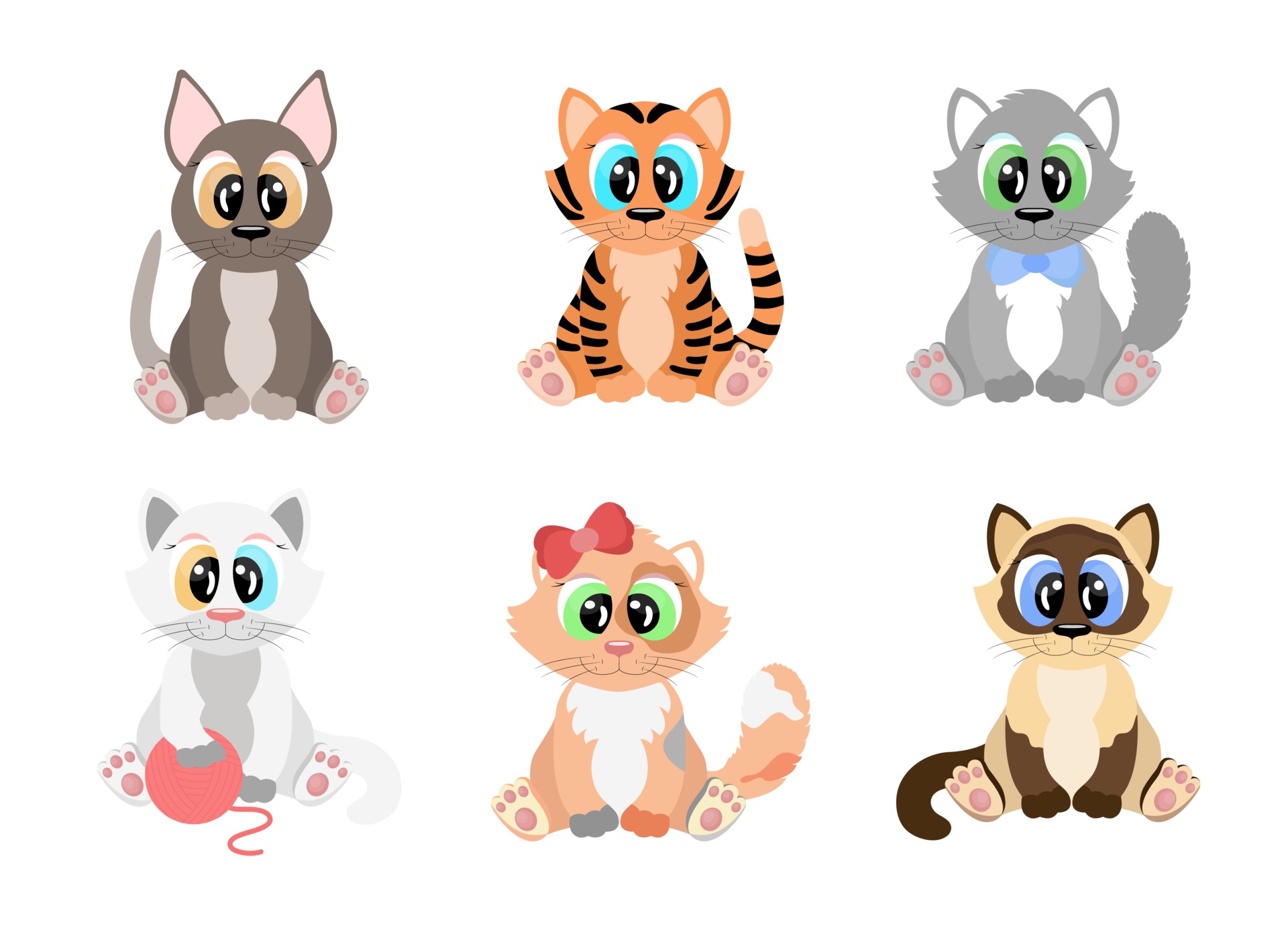 Cartoon Cats Set Cute Kittens Of Different Breeds With Big Eyes