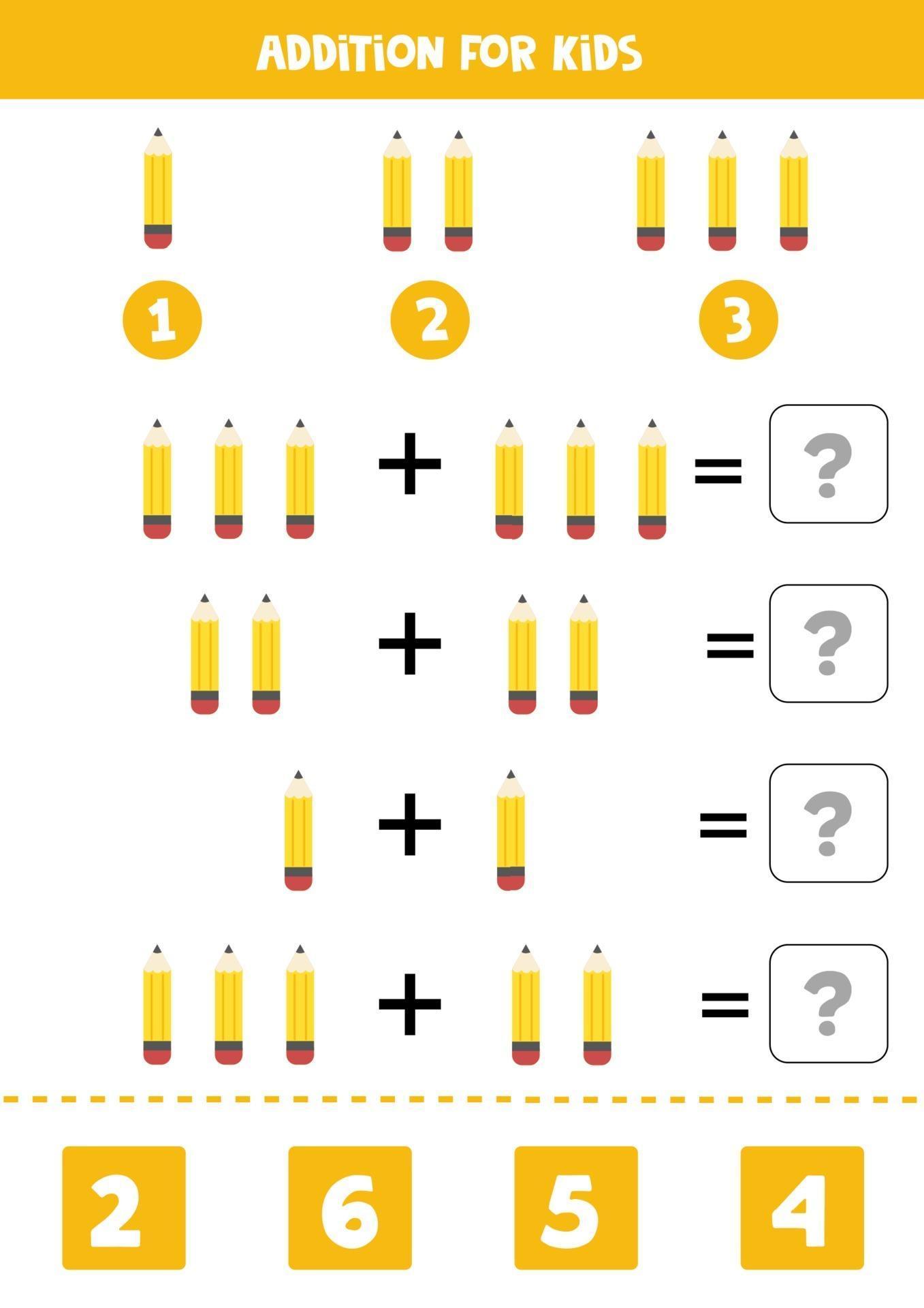 Addition for kids with cartoon yellow pencil. 3205774 Vector Art at ...