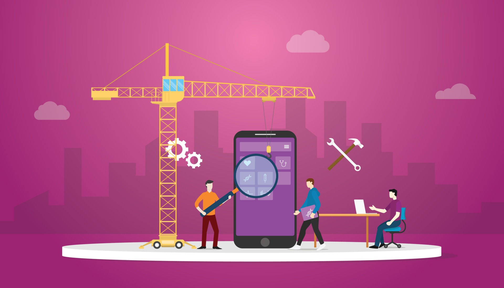 mobile apps development technology with team developer and crane ...