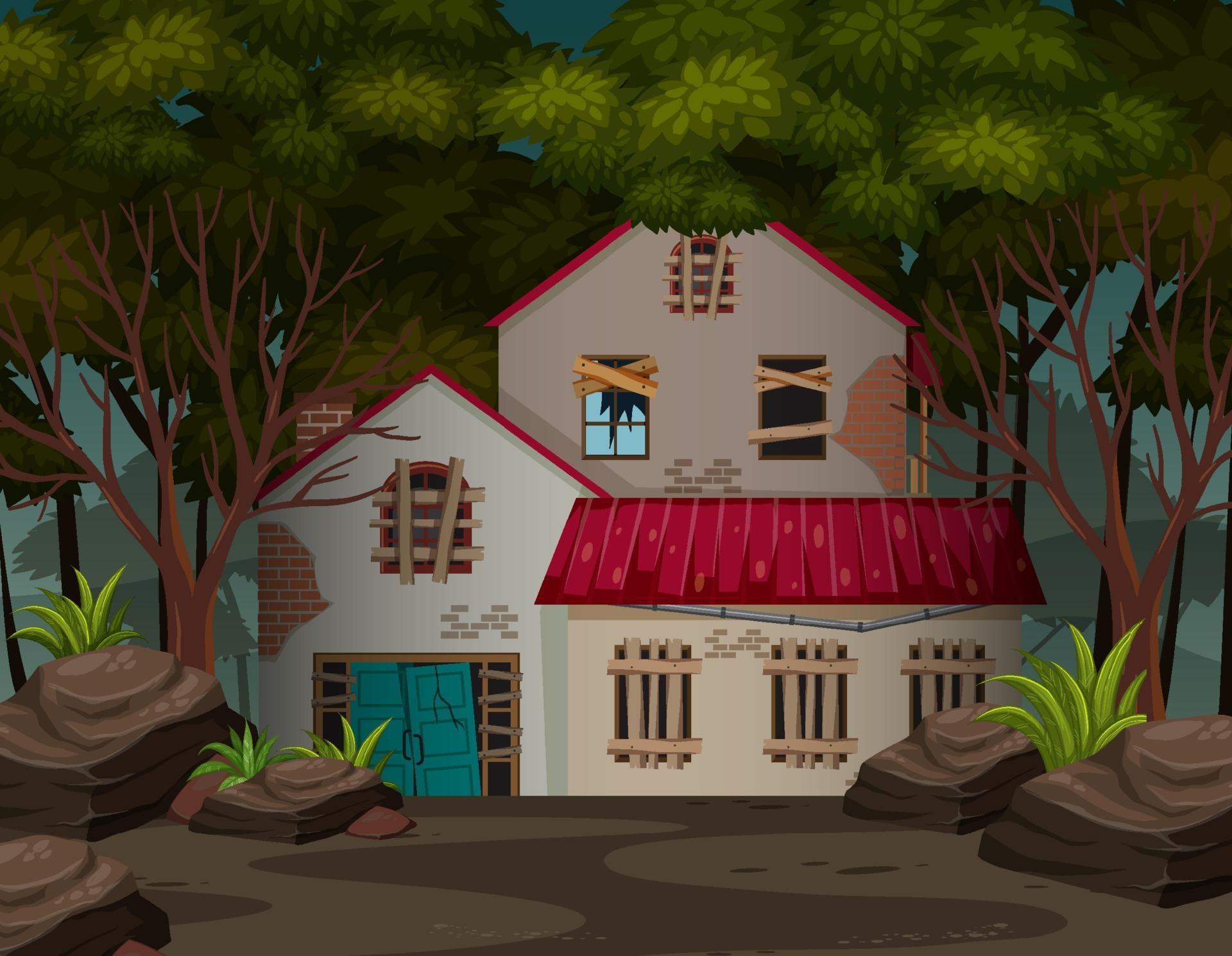 escena con casa abandonada en el bosque oscuro 3244228 Vector en Vecteezy