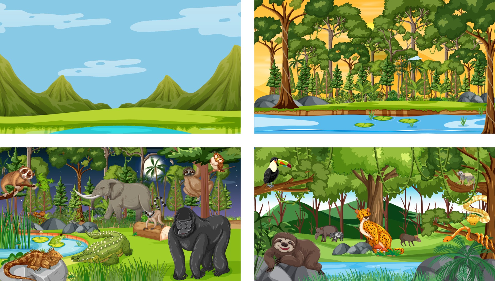 Set of different forest horizontal scene with various wild animals ...