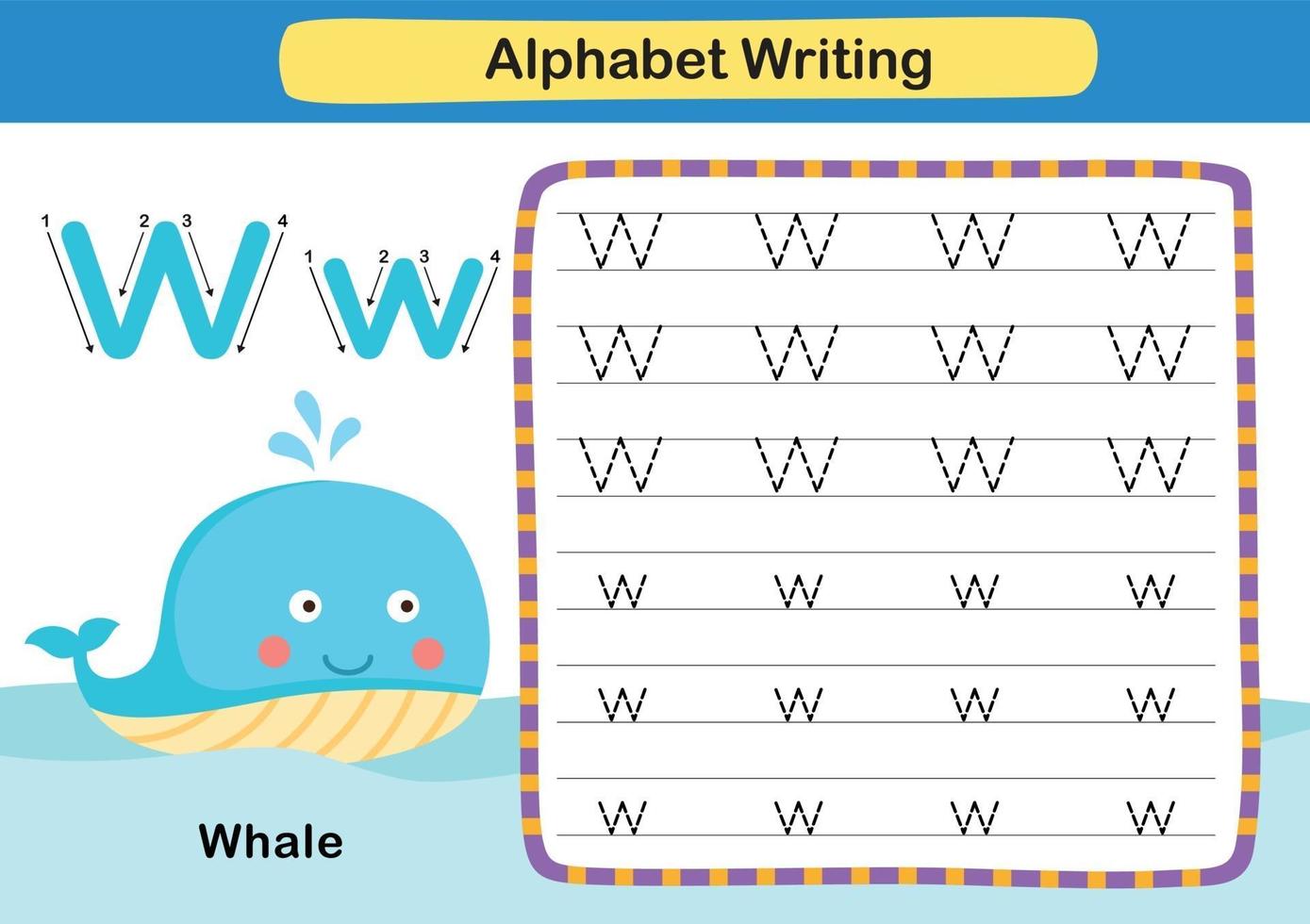 Alphabet Letter exercise W-Whale with cartoon vocabulary 3275999 Vector ...
