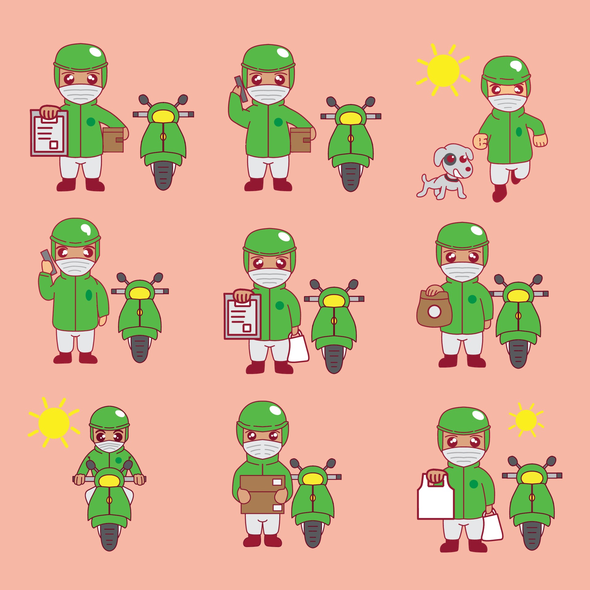Cartoon Bundle Set Delivery Man Cute Character Pack Wearing Mask 3286350 Vector Art At Vecteezy