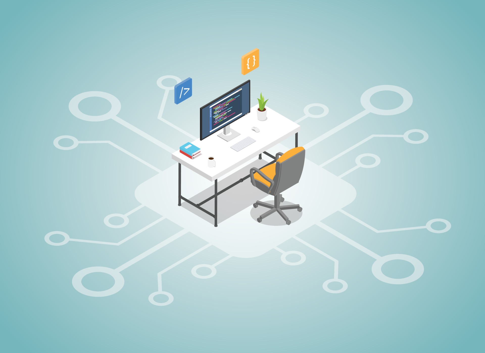 programming concept with workspace and network sign 3316579 Vector Art ...