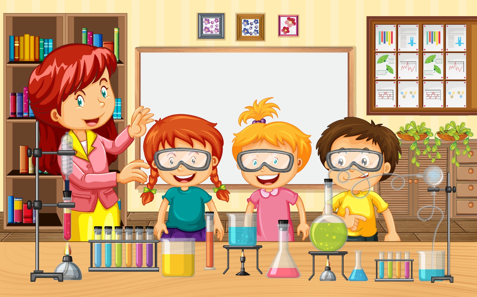 Classroom scene with a teacher and children doing science experiment ...