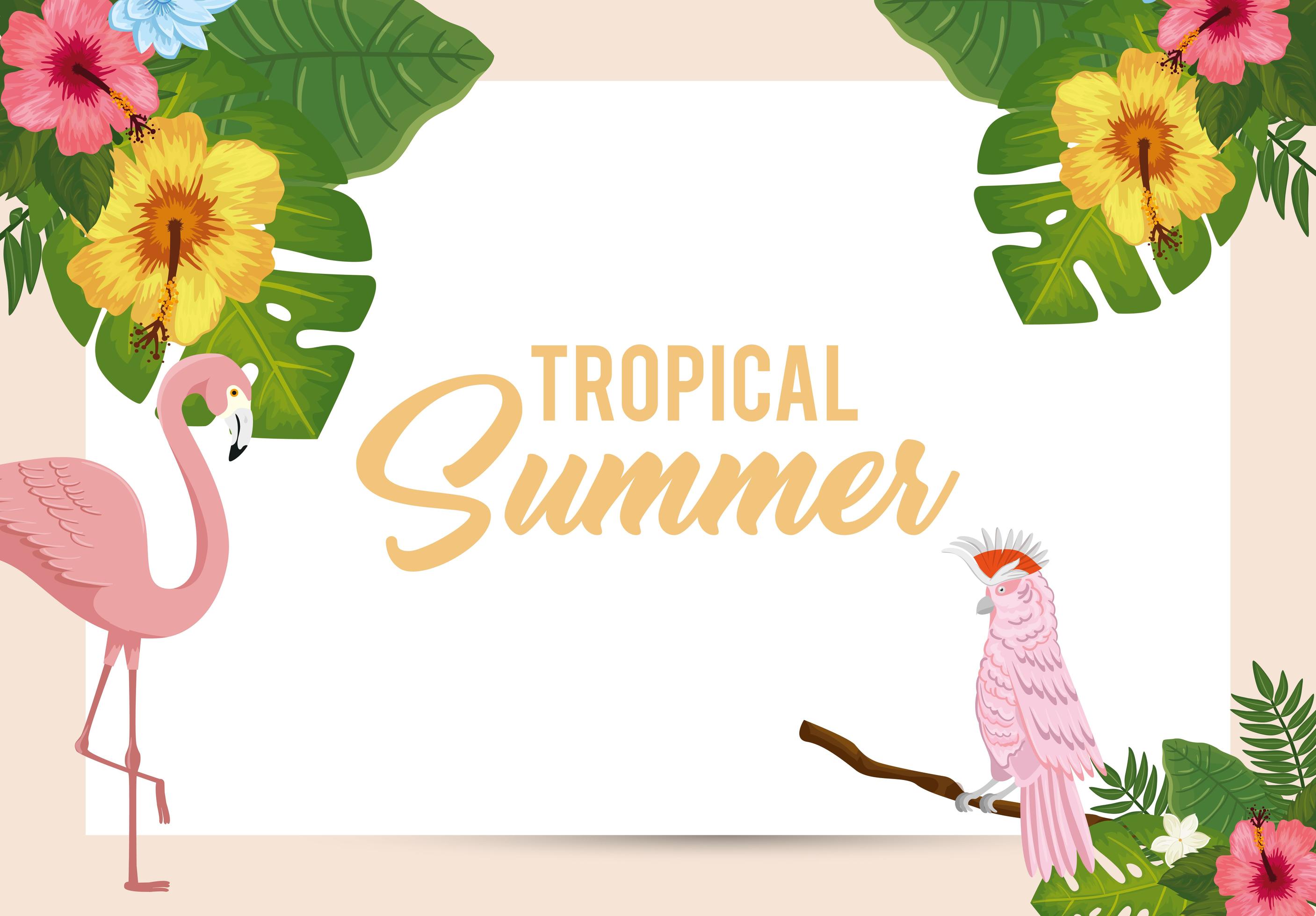 tropical summer poster with flamingo pink and parrot 3342640 Vector Art ...