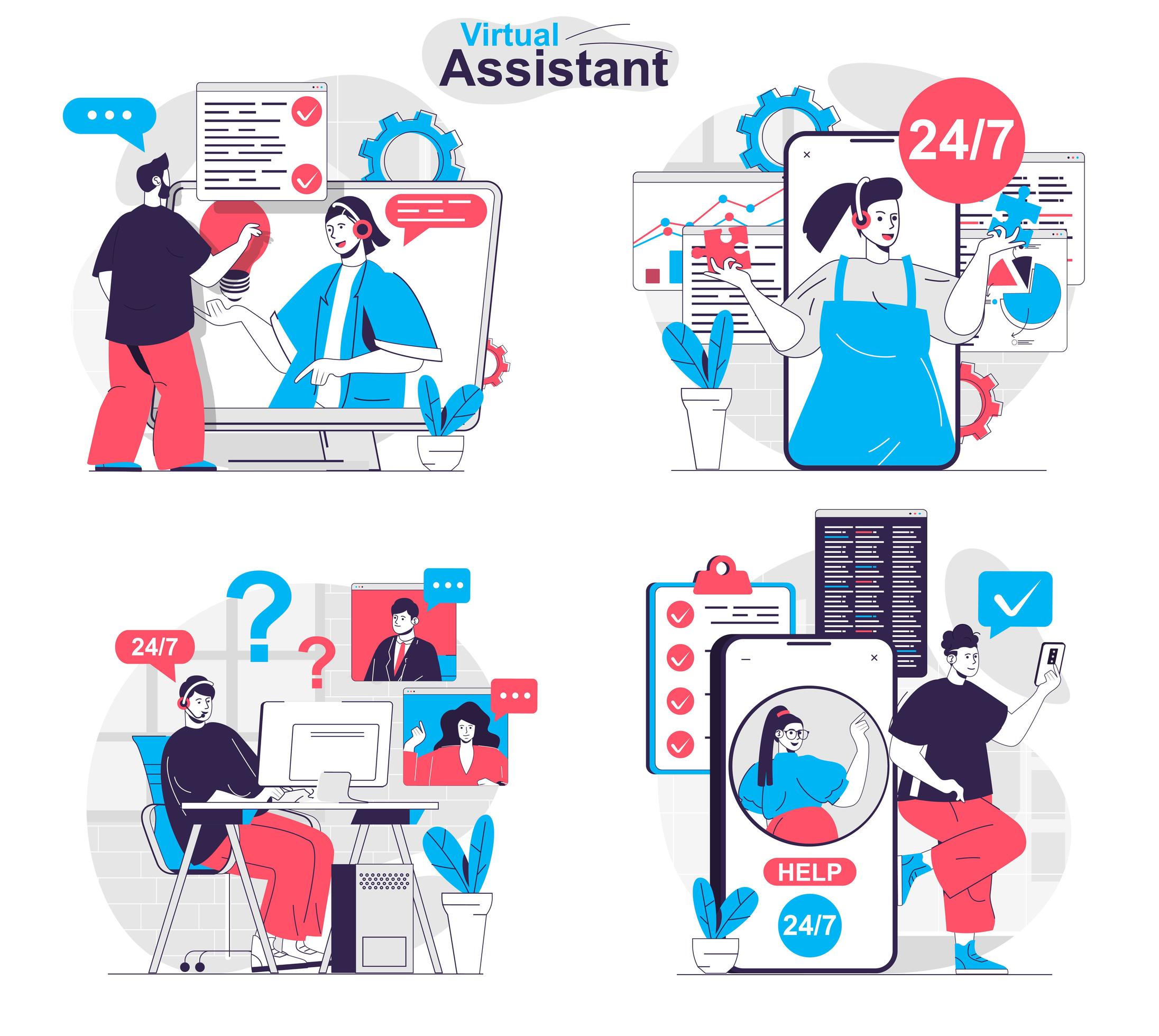 Virtual assistant concept set people isolated scenes in flat design ... Virtual assistant concept set people isolated scenes in flat design ...