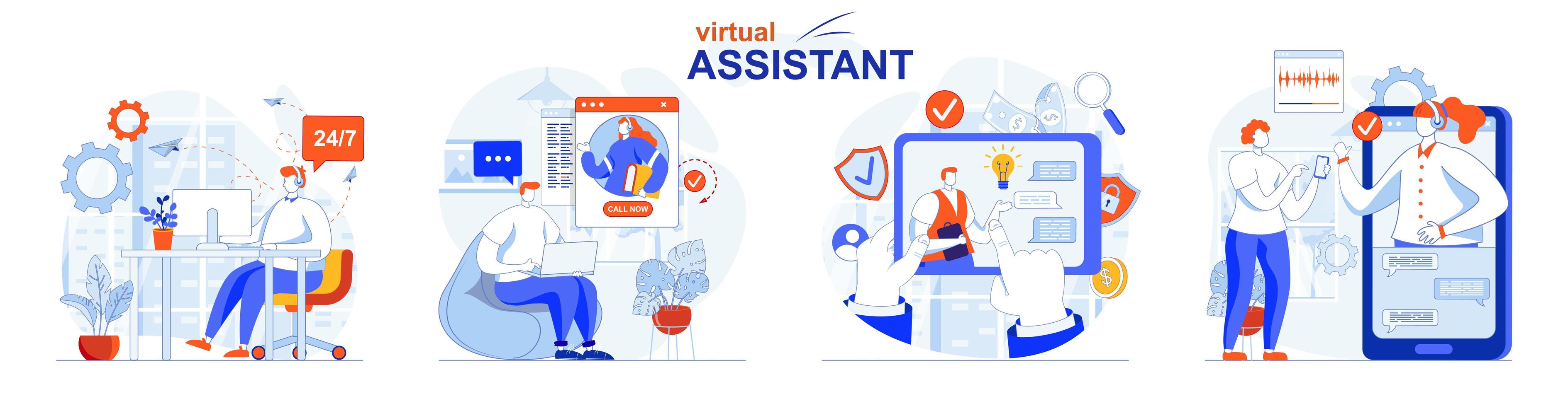Virtual assistant concept set people isolated scenes in flat design ... Virtual assistant concept set people isolated scenes in flat design ...