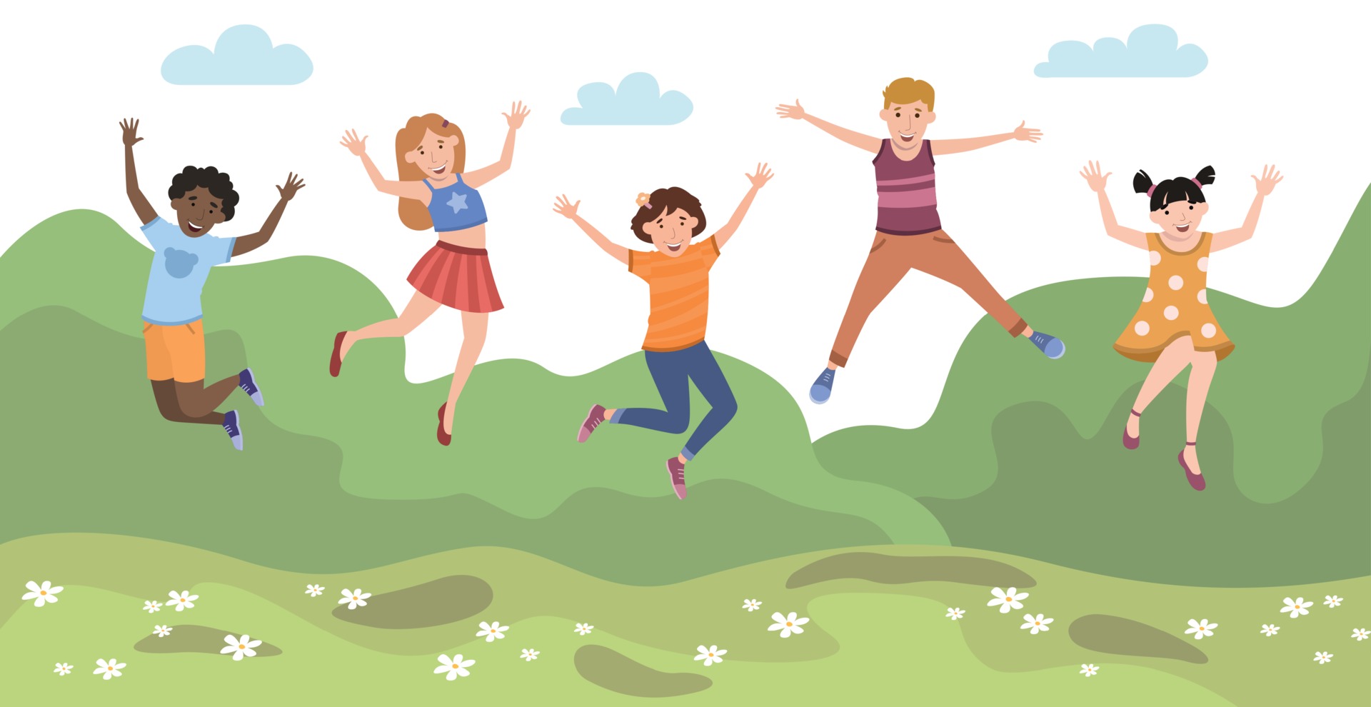 Five happy children jumping for joy on the background of mountains ...