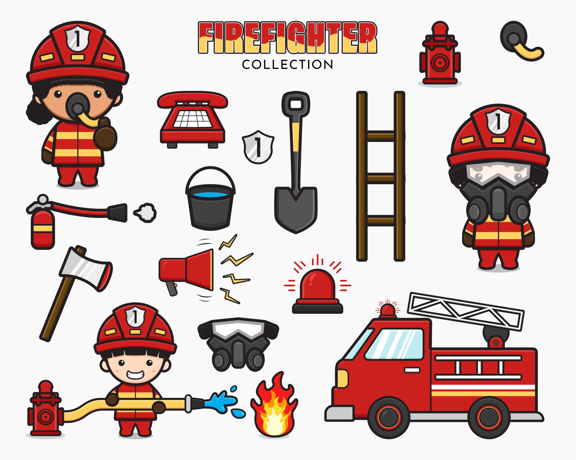 Set collection of cute firefighter and equipment cartoon illustration ...