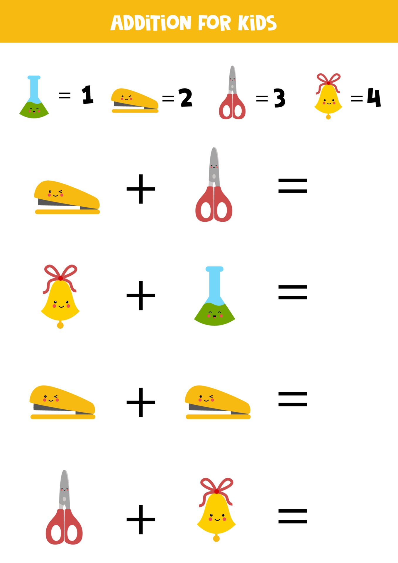 Addition for kids with cartoon school supplies. 3380115 Vector Art at ...