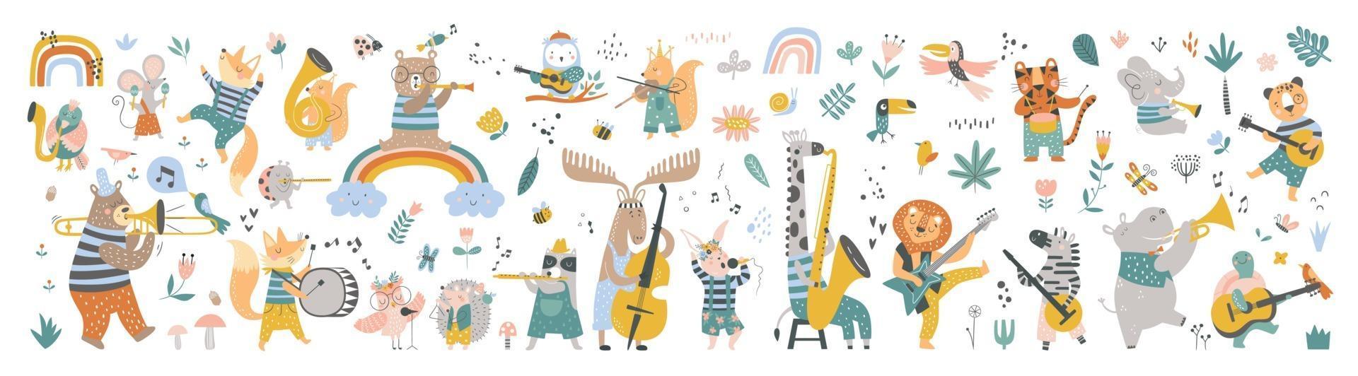 Isolated set with cute animals playing on different music instruments ...