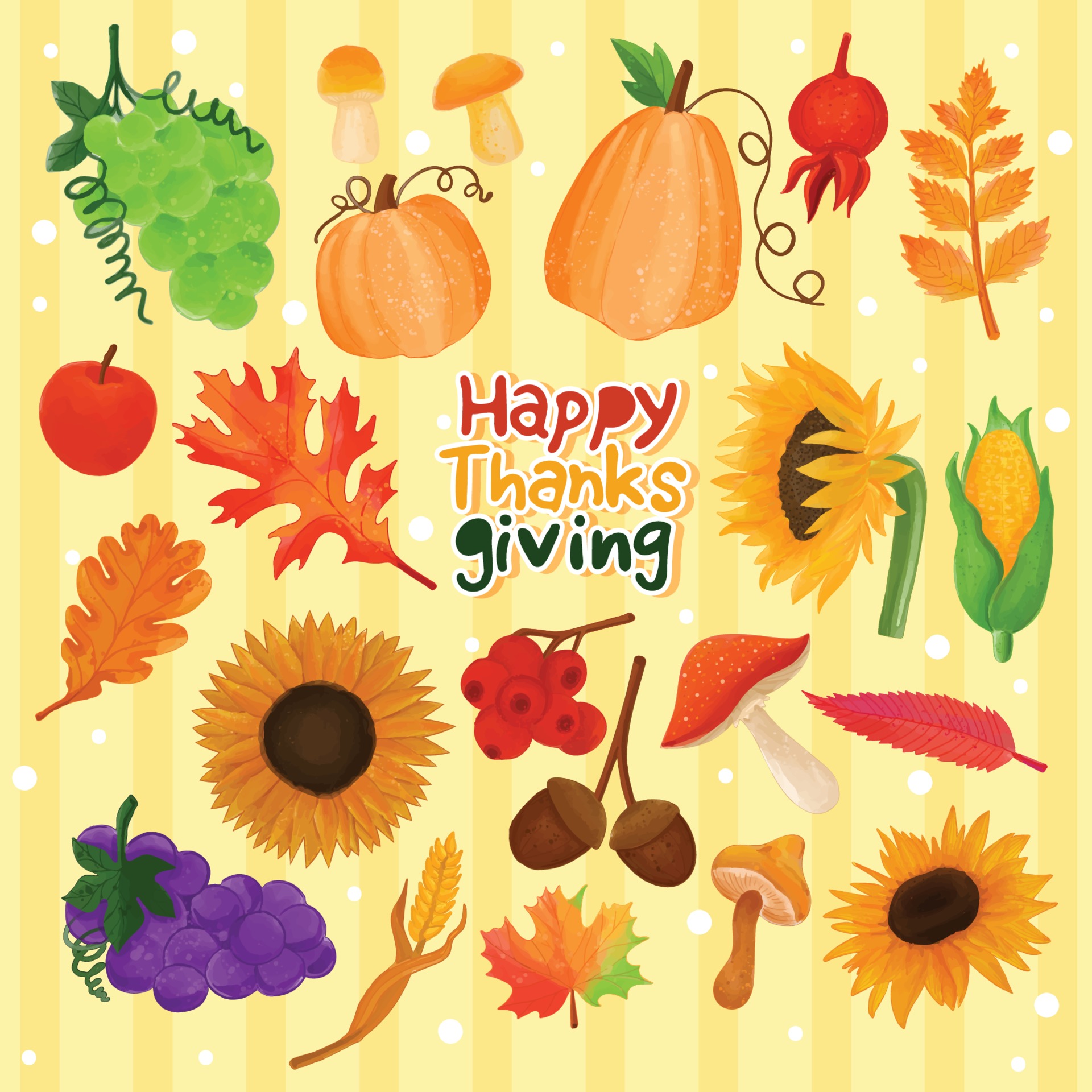 Set of watercolor painted Thanksgiving decoration, Festive clipart ...