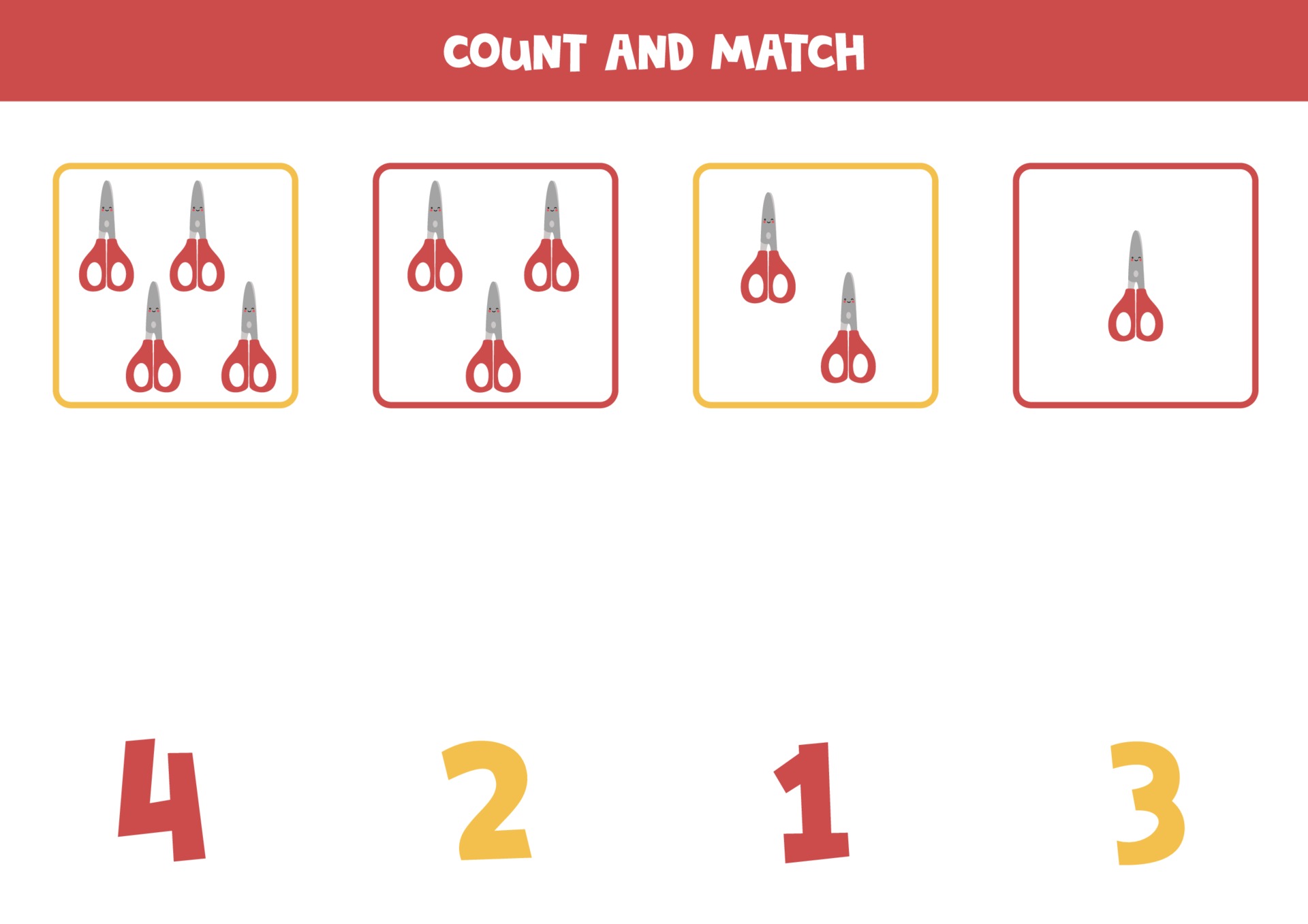 Counting game with red scissors. Math worksheet. 3462942 Vector Art at ...
