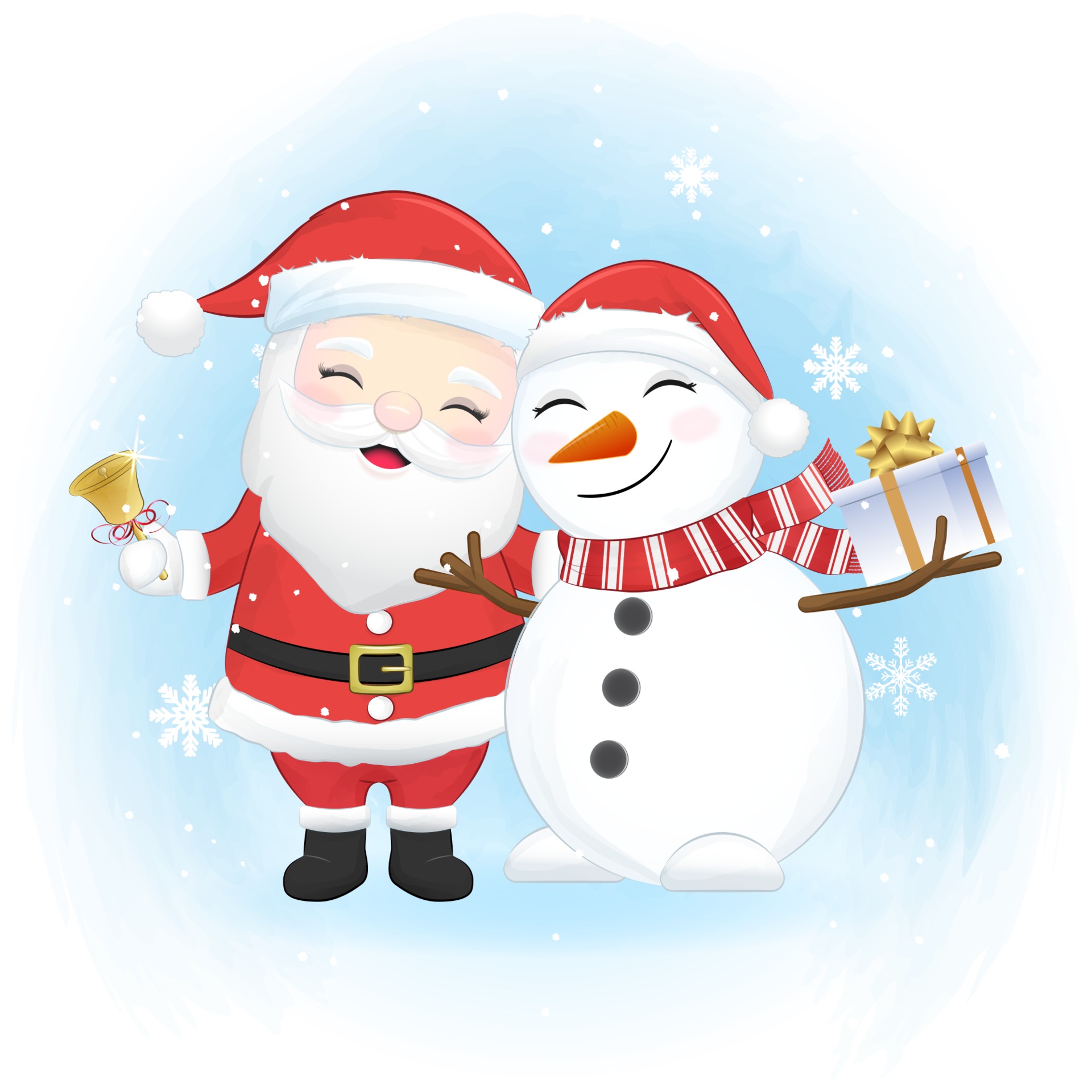 Cute Santa Claus And Snowman In Winter Merry Christmas Illustration