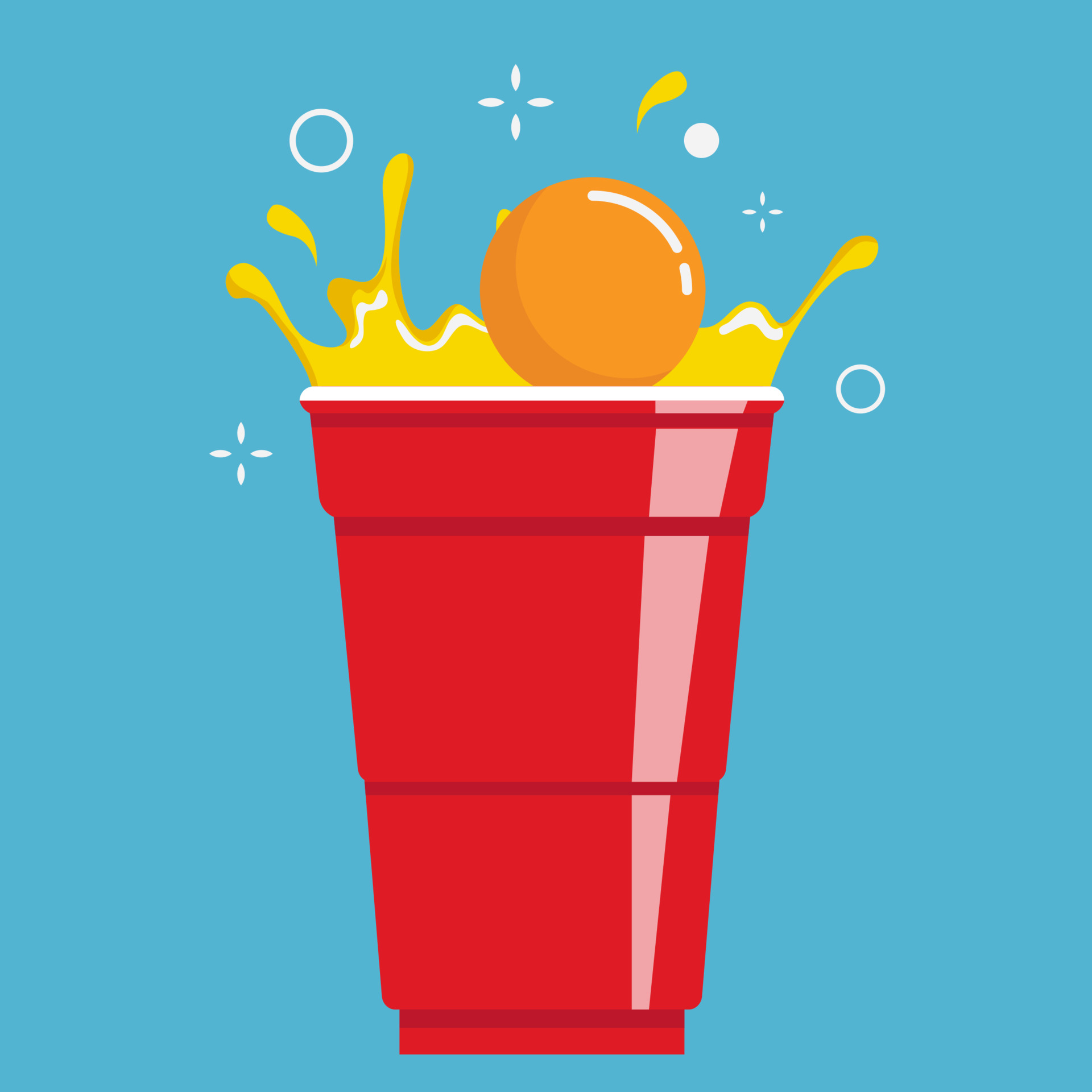 Red Beer Pong Illustration Plastic Cup And Ball With Splashing Beer