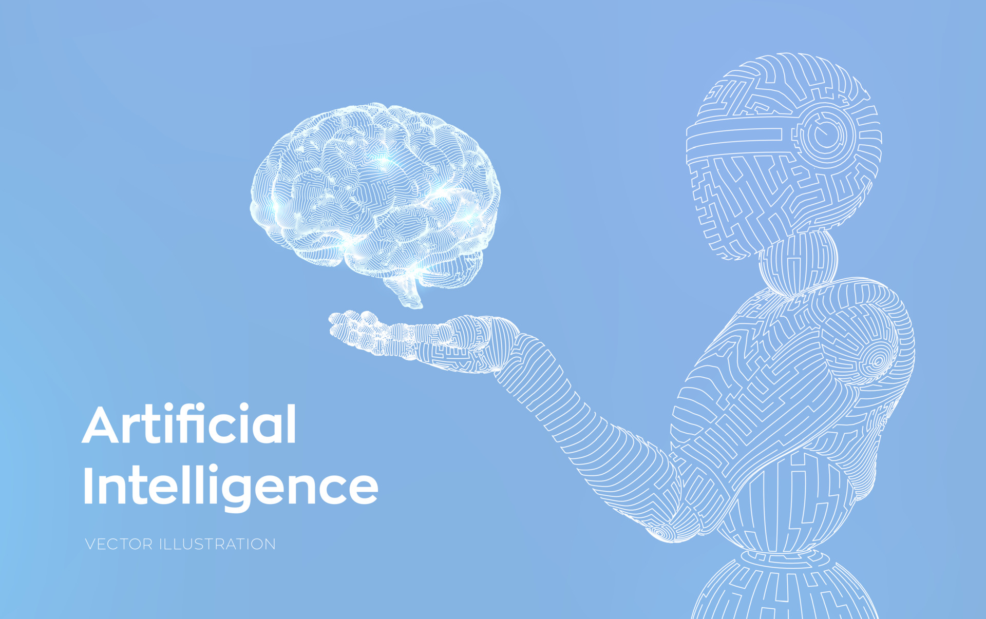 AI. Artificial intelligence. AI in the form of cyborg or bot. Wireframe robot. Digital brain ...