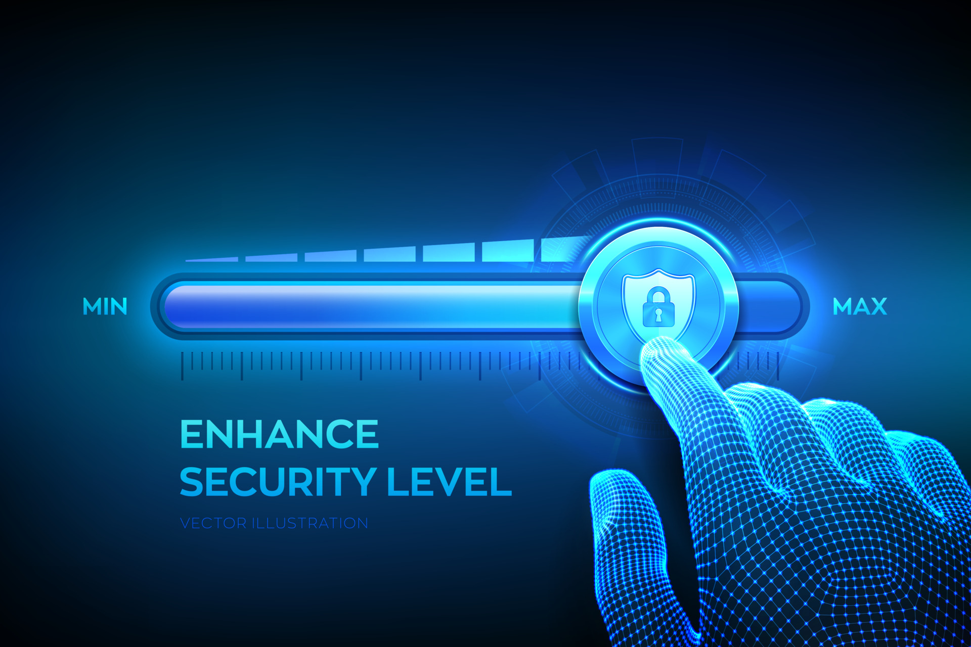 Increasing Security level. Cyber security concept. Wireframe hand is ... Increasing Security level. Cyber security concept. Wireframe hand is ...