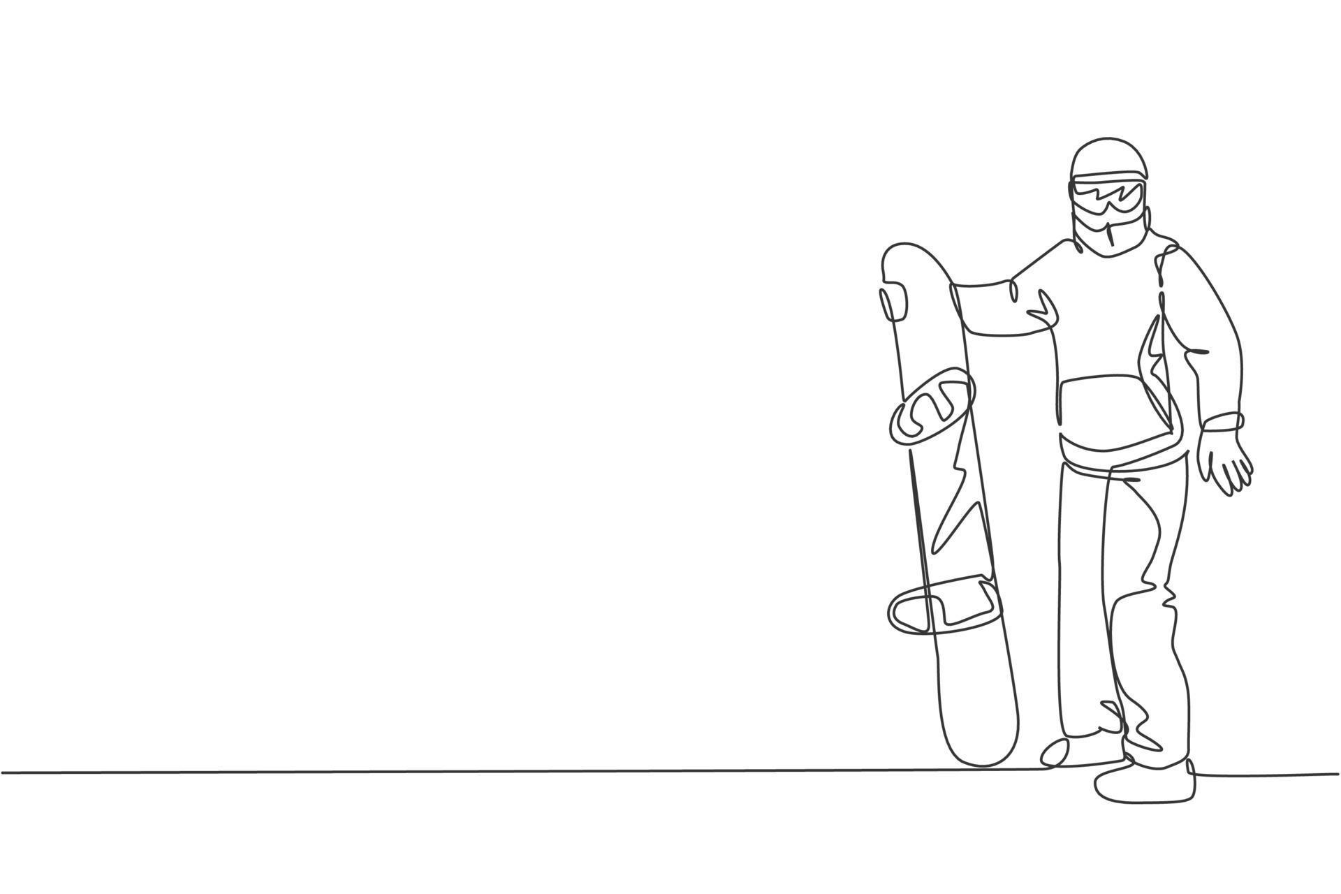 One single line drawing young energetic snowboarder man ride fast ...