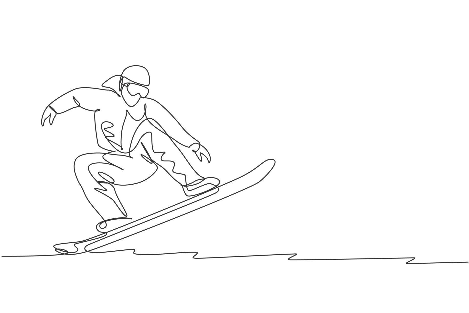 One single line drawing young energetic snowboarder man ride fast ...