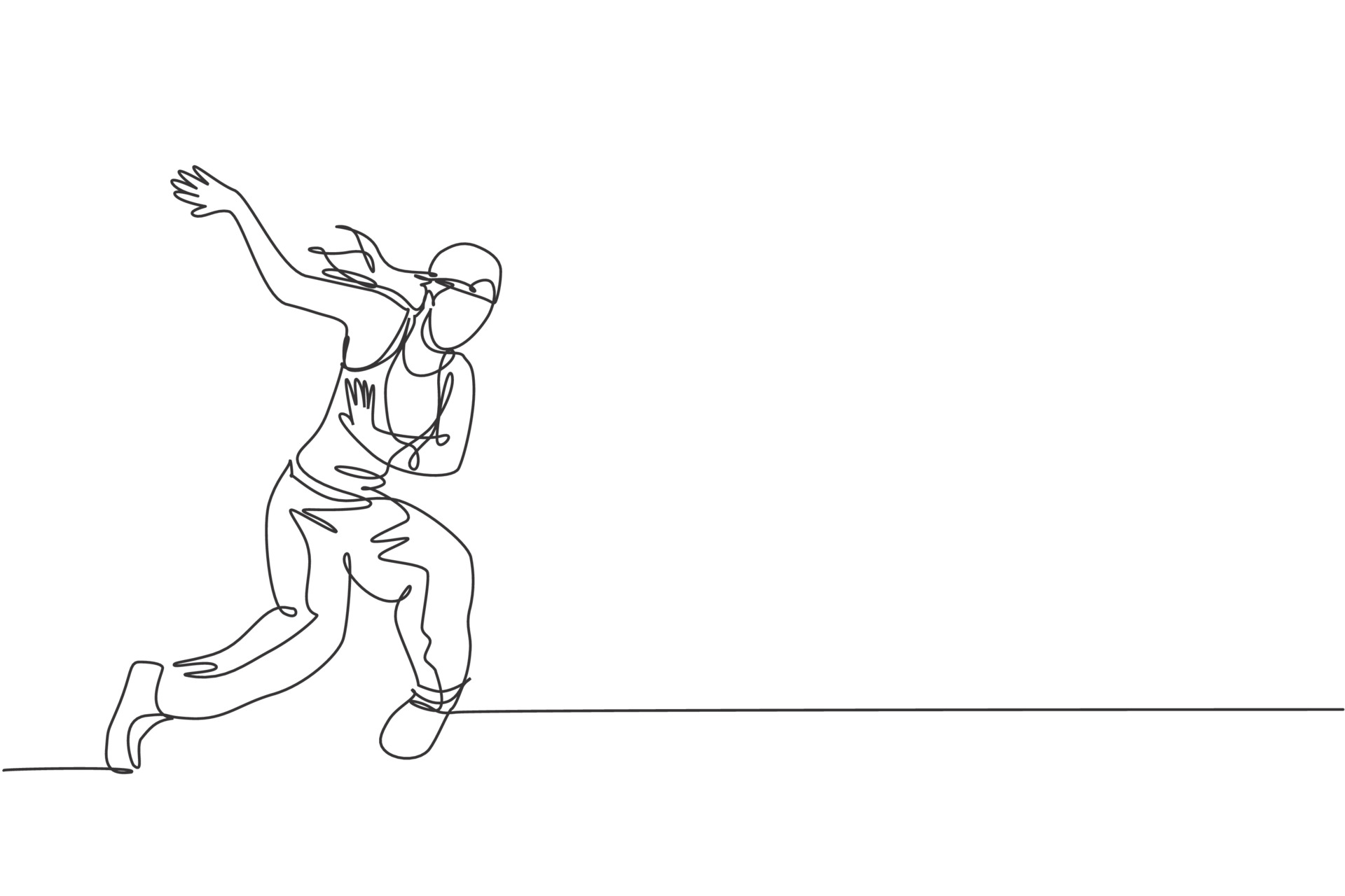 One continuous line drawing young sporty break dancer woman with hat ...